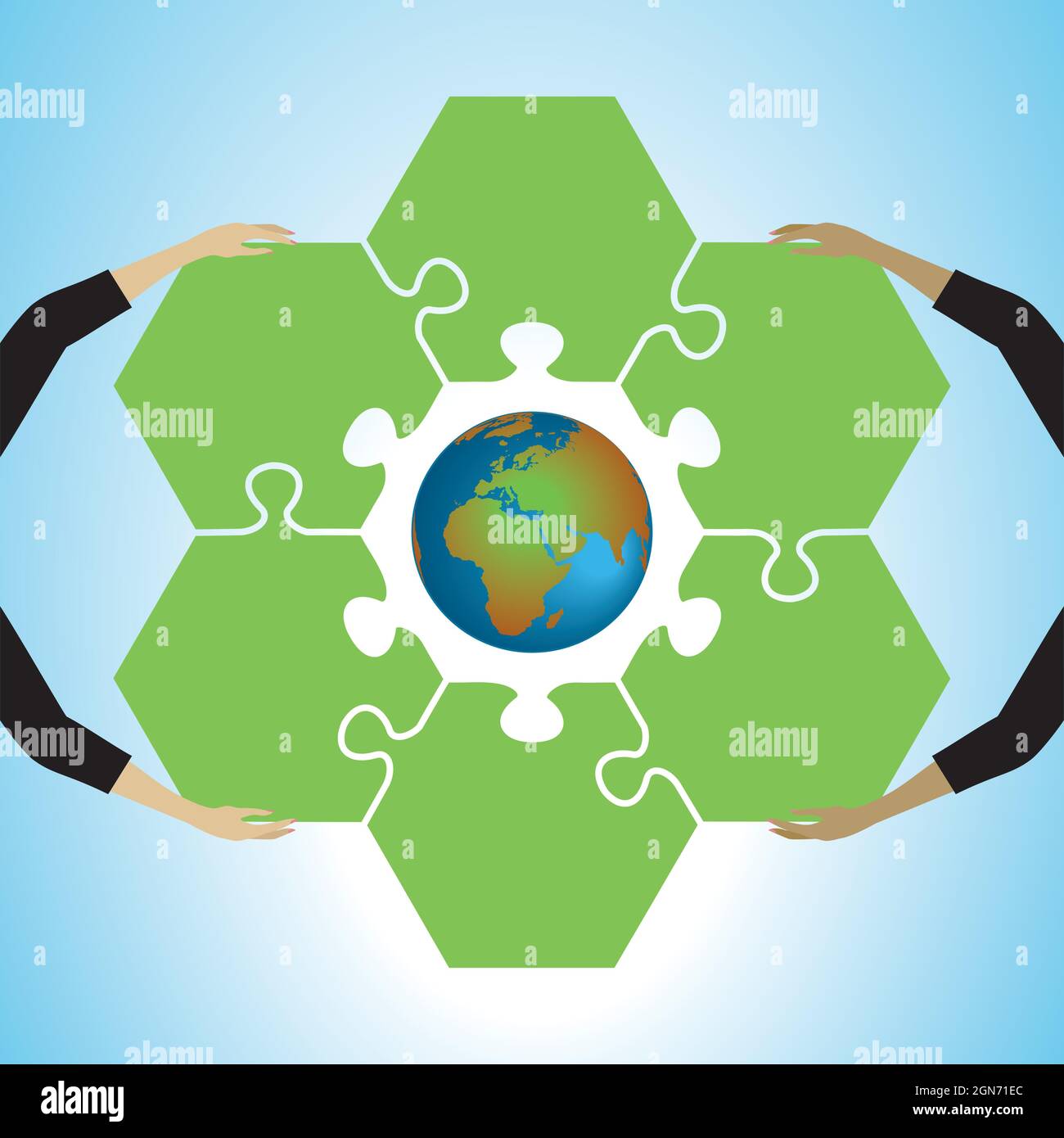 Cooperation, Planet Earth with puzzle pieces in hands. Vector ...
