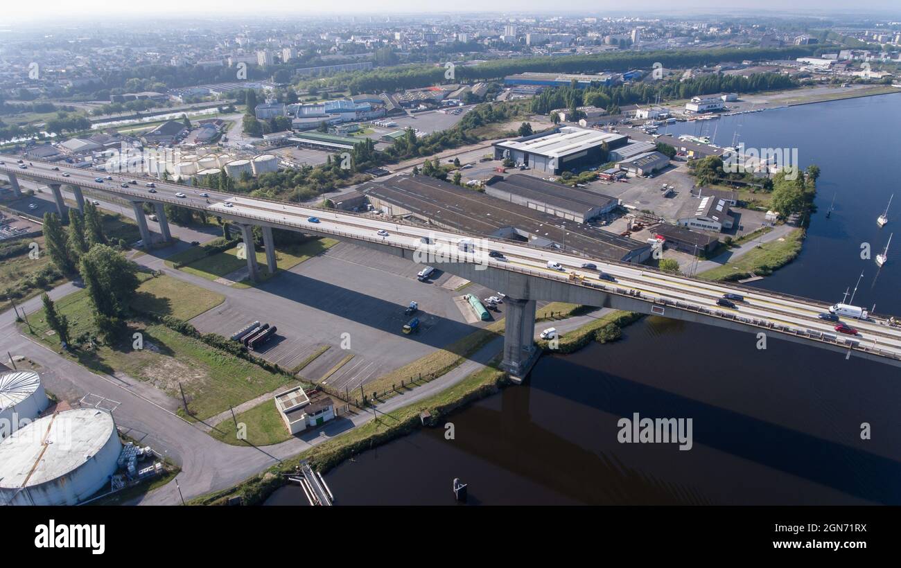 CAEN, FRANCE-SEPTEMBER 2021: Viaduc de Calix on the canal de caen. The ...
