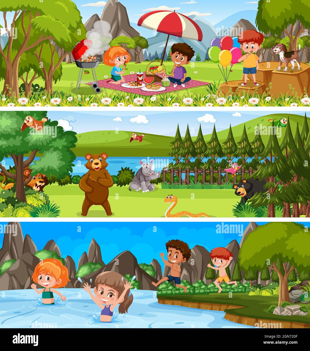 Different nature landscape at daytime scene with cartoon character ...