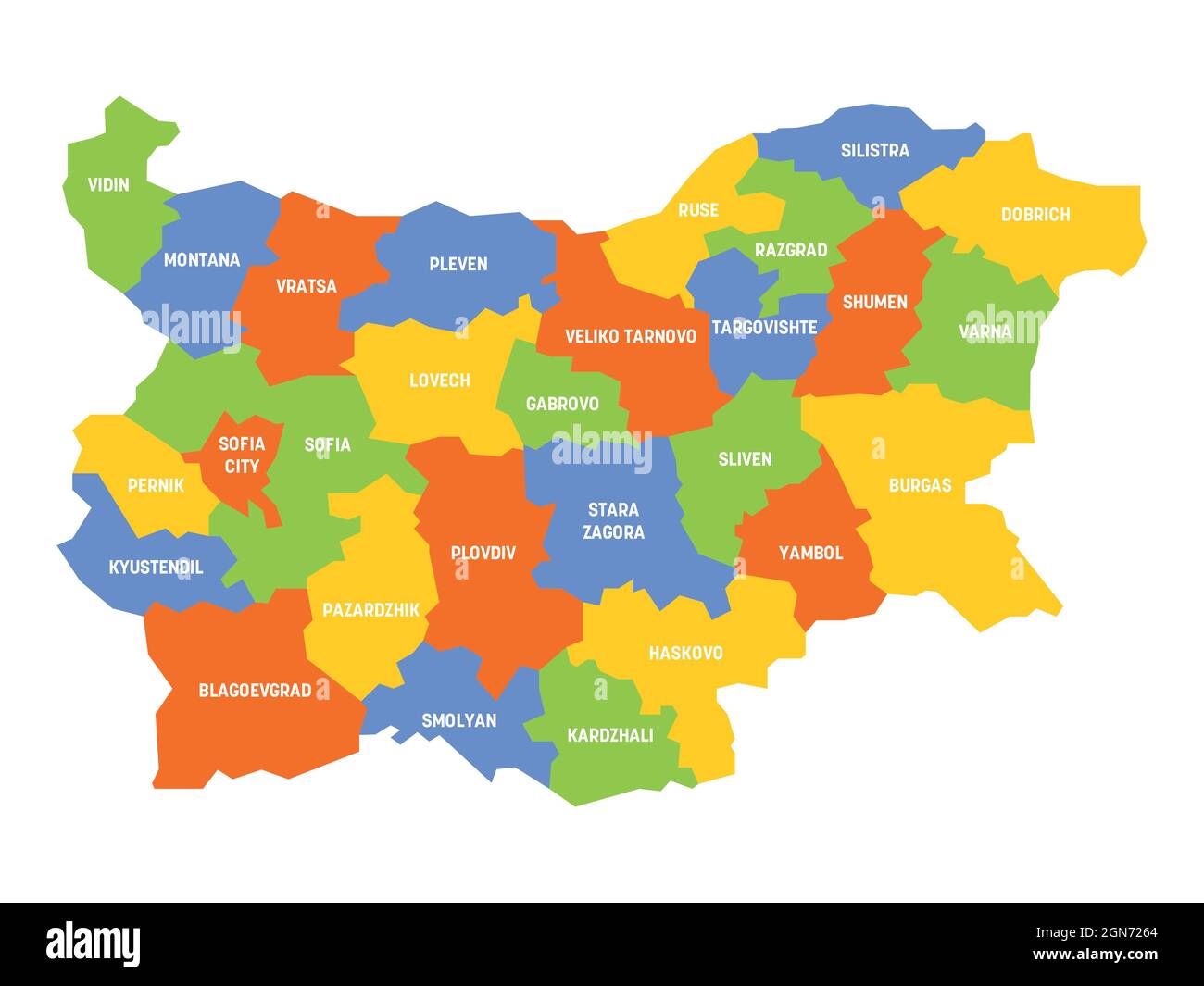 Colorful political map of Bulgaria. Administrative divisions - provinces. Simple flat vector map ...