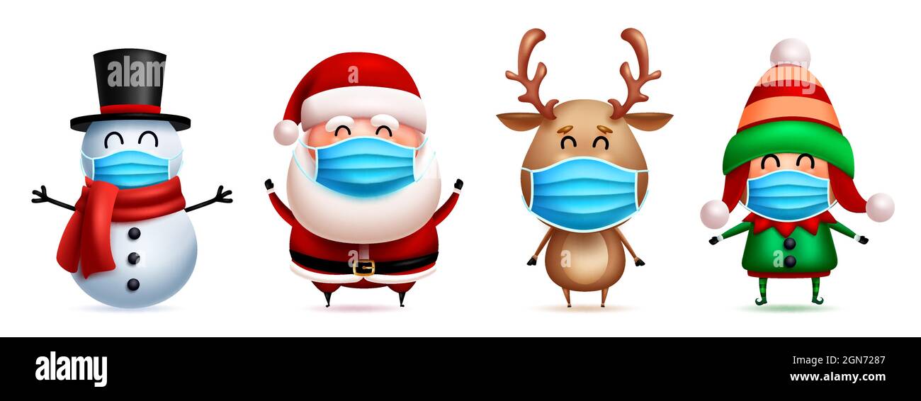 Christmas characters in facemask vector set. Santa claus, elf, snowman ...