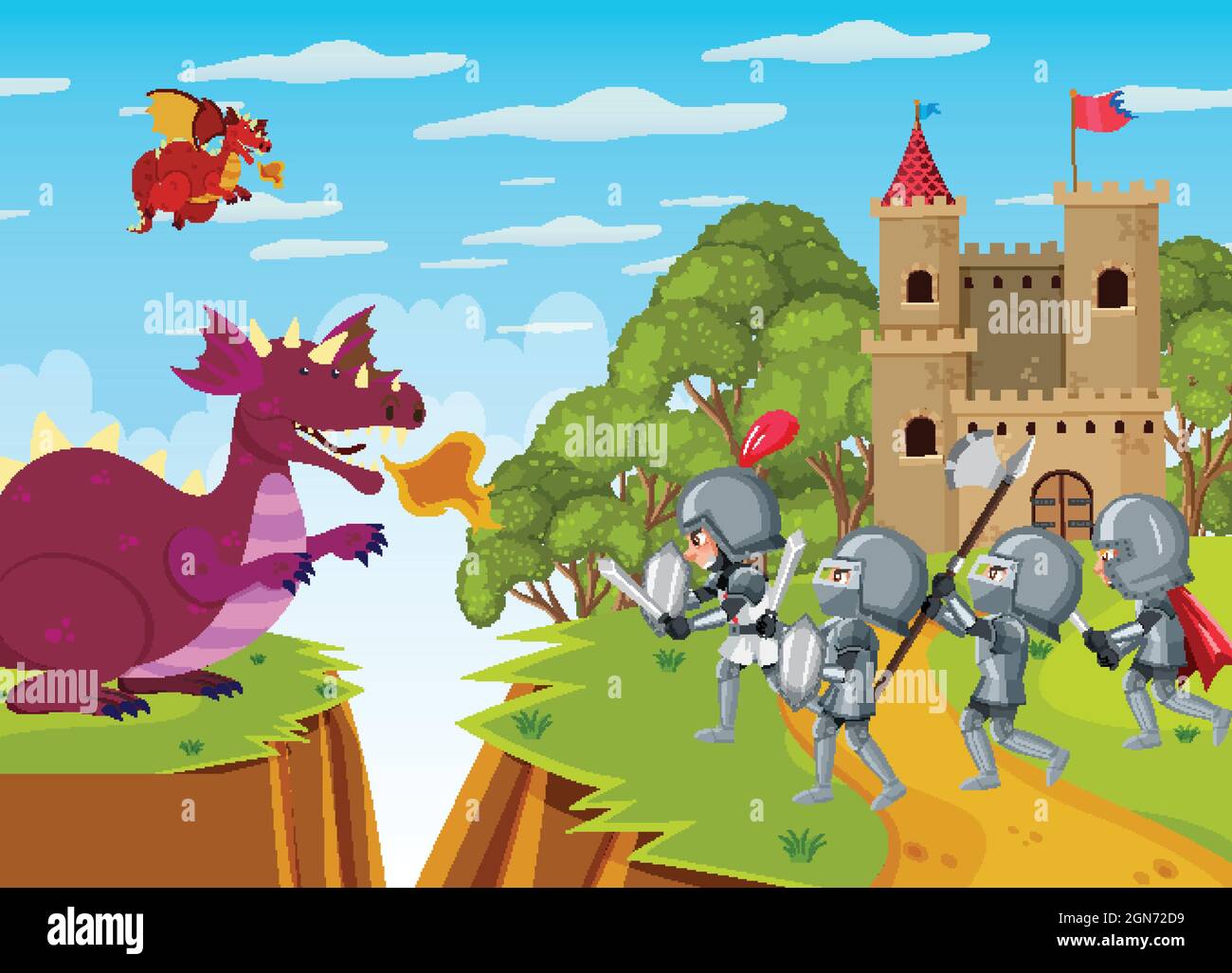 Knights fight with dragon at the castle illustration Stock Vector Image ...