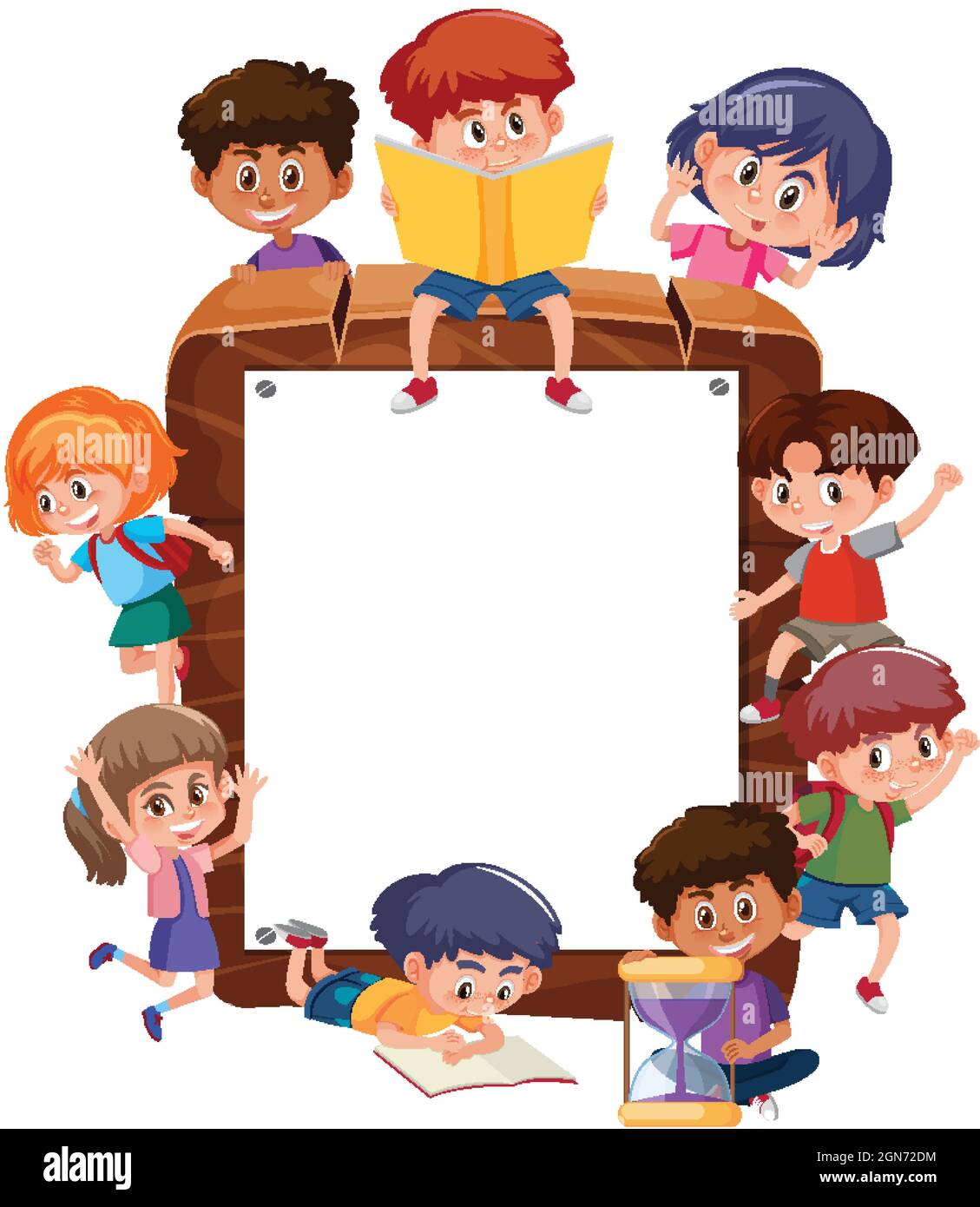 Empty wooden frame with many children cartoon character illustration ...