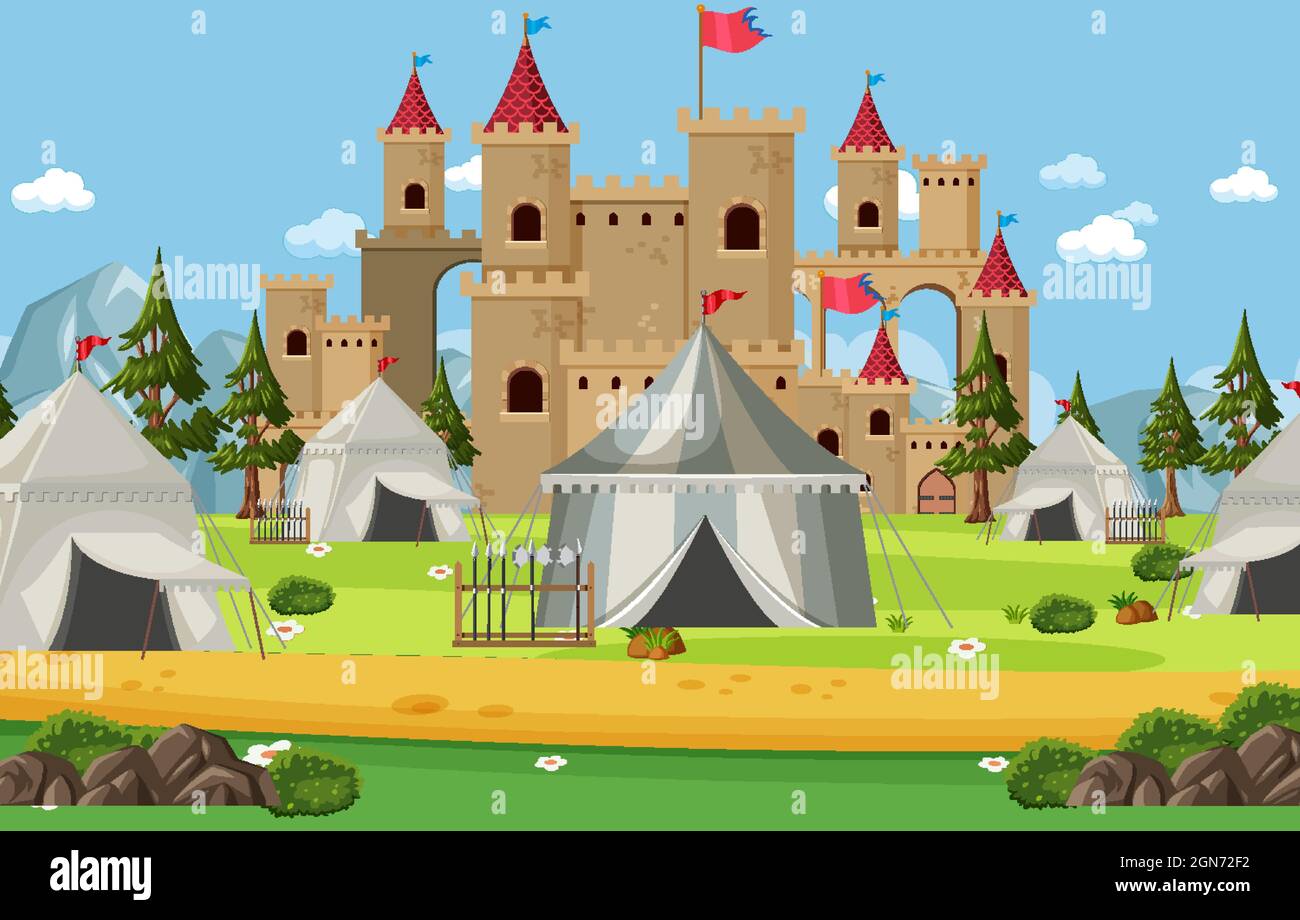 Military medieval camp with tents and castle illustration Stock Vector ...