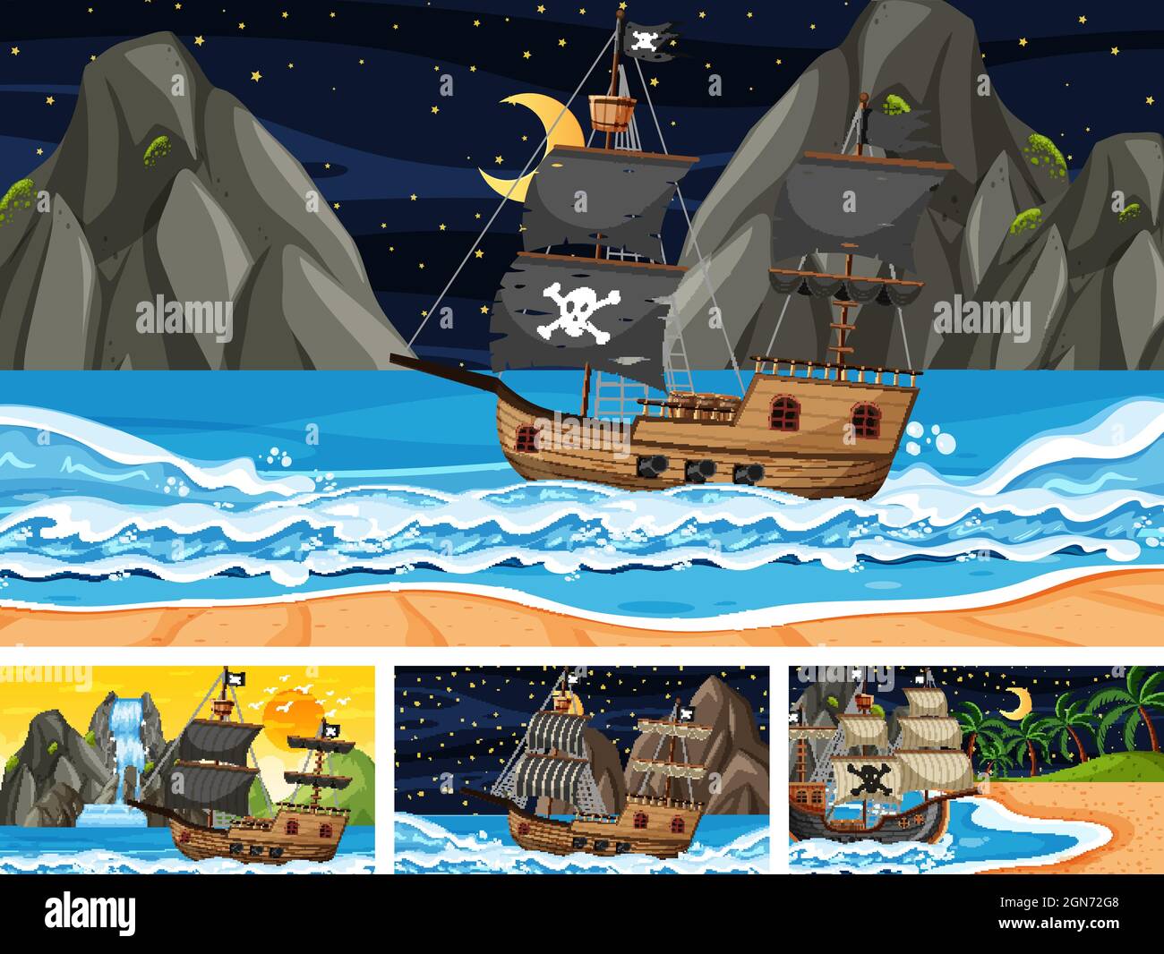 Set of different beach scenes with pirate ship illustration Stock ...