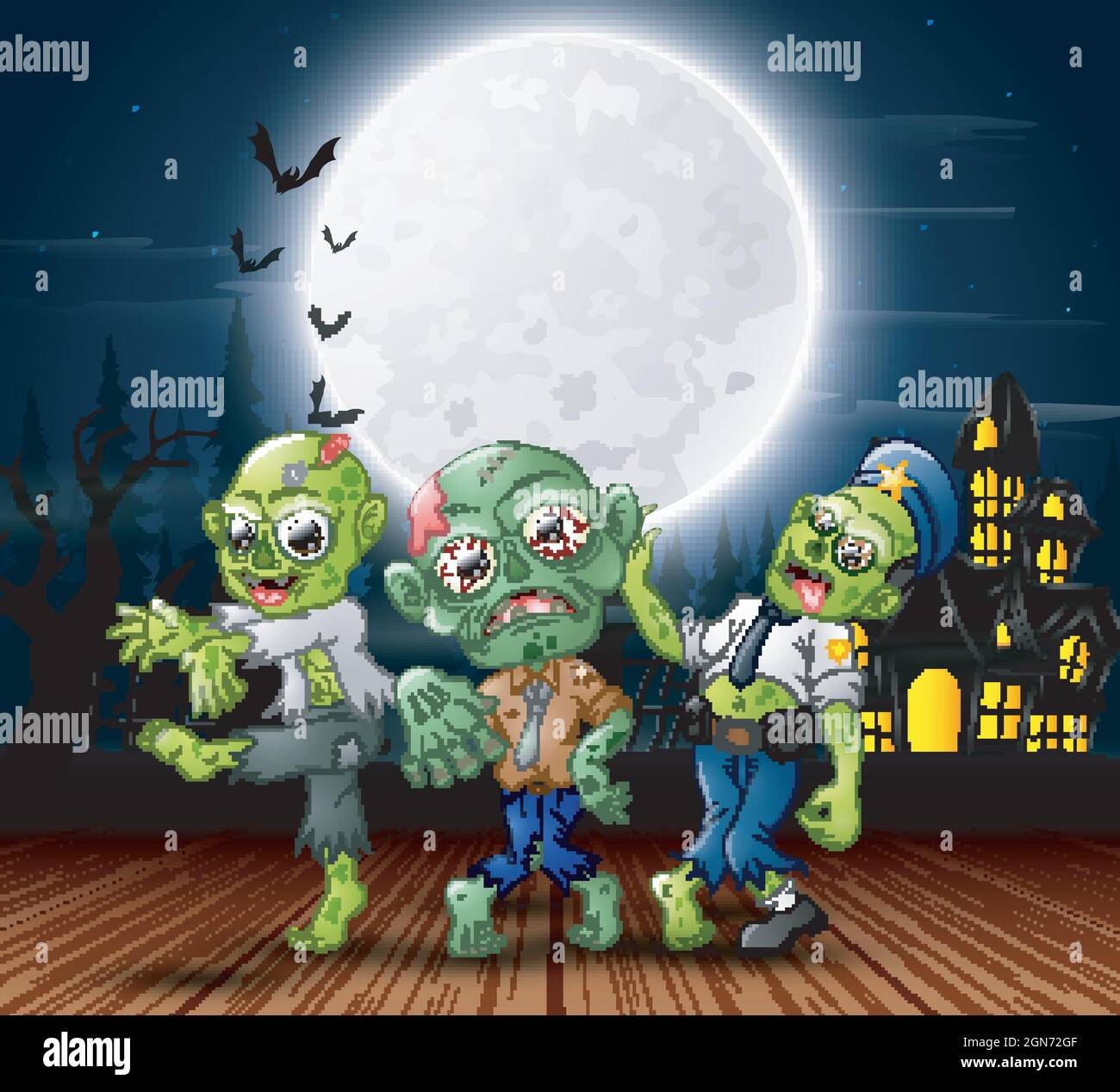 Cartoon three zombie celebration a halloween party in the outdoors ...