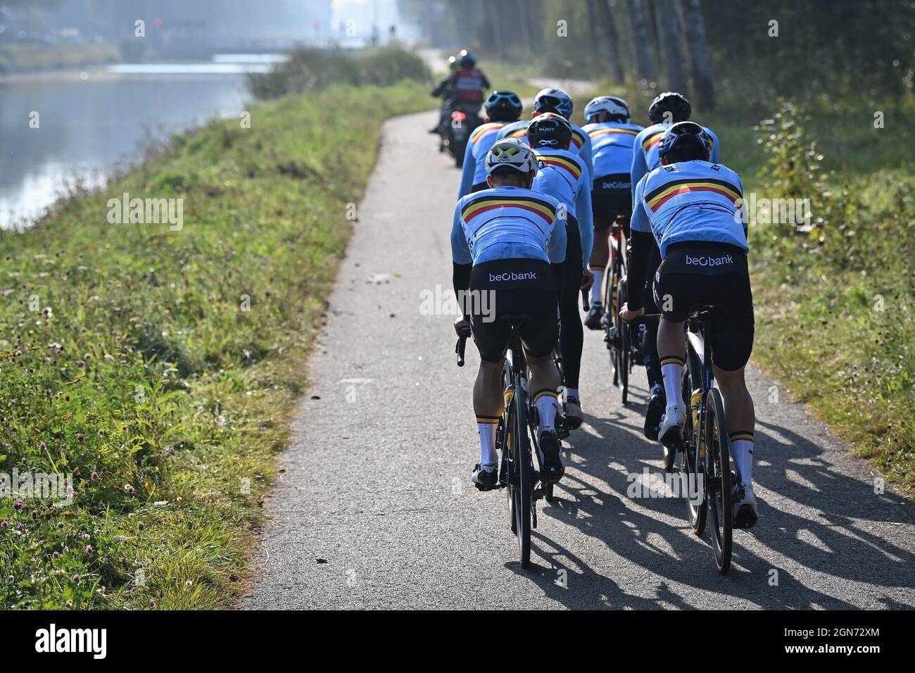 Belgian Team riders pictured in action during a training session on the ...