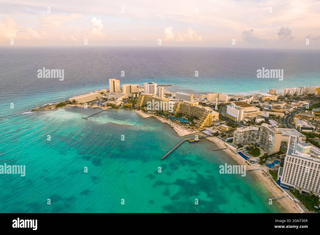 Aerial panoramic view of Cancun beach and city hotel zone in Mexico ...