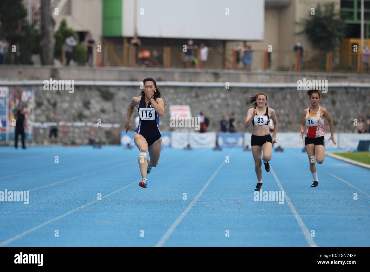 ISTANBUL, TURKEY - JUNE 23, 2021: Athletes running 100 metres during ...