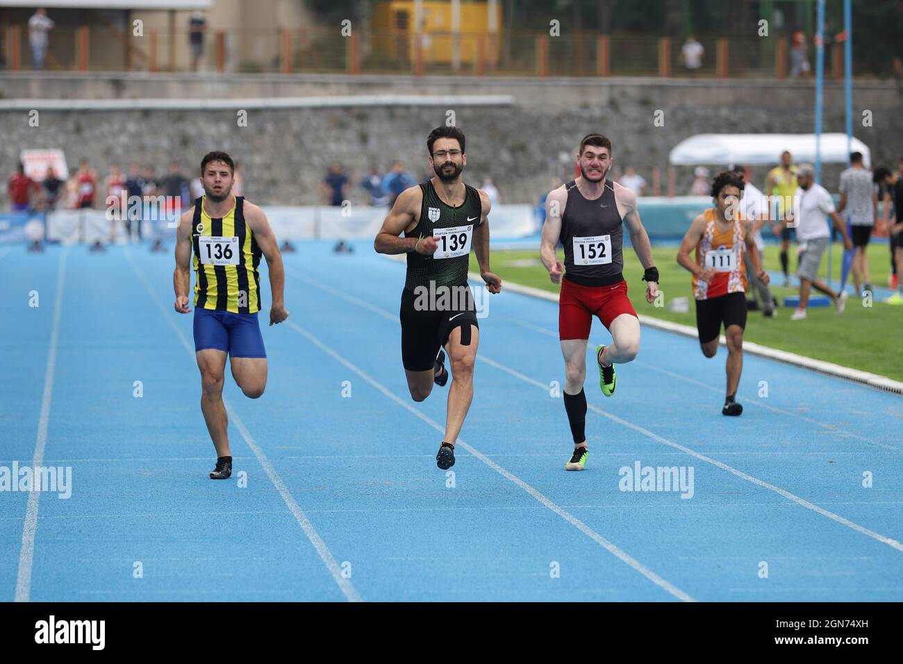 ISTANBUL, TURKEY - JUNE 23, 2021: Athletes running 100 metres during ...