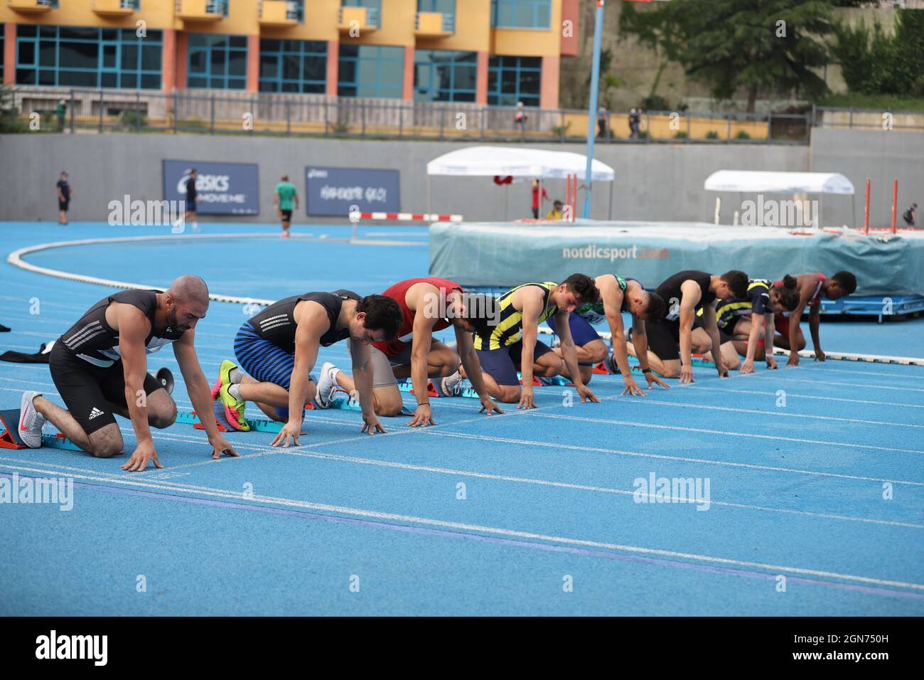 ISTANBUL, TURKEY - JUNE 23, 2021: Athletes running 100 metres during ...