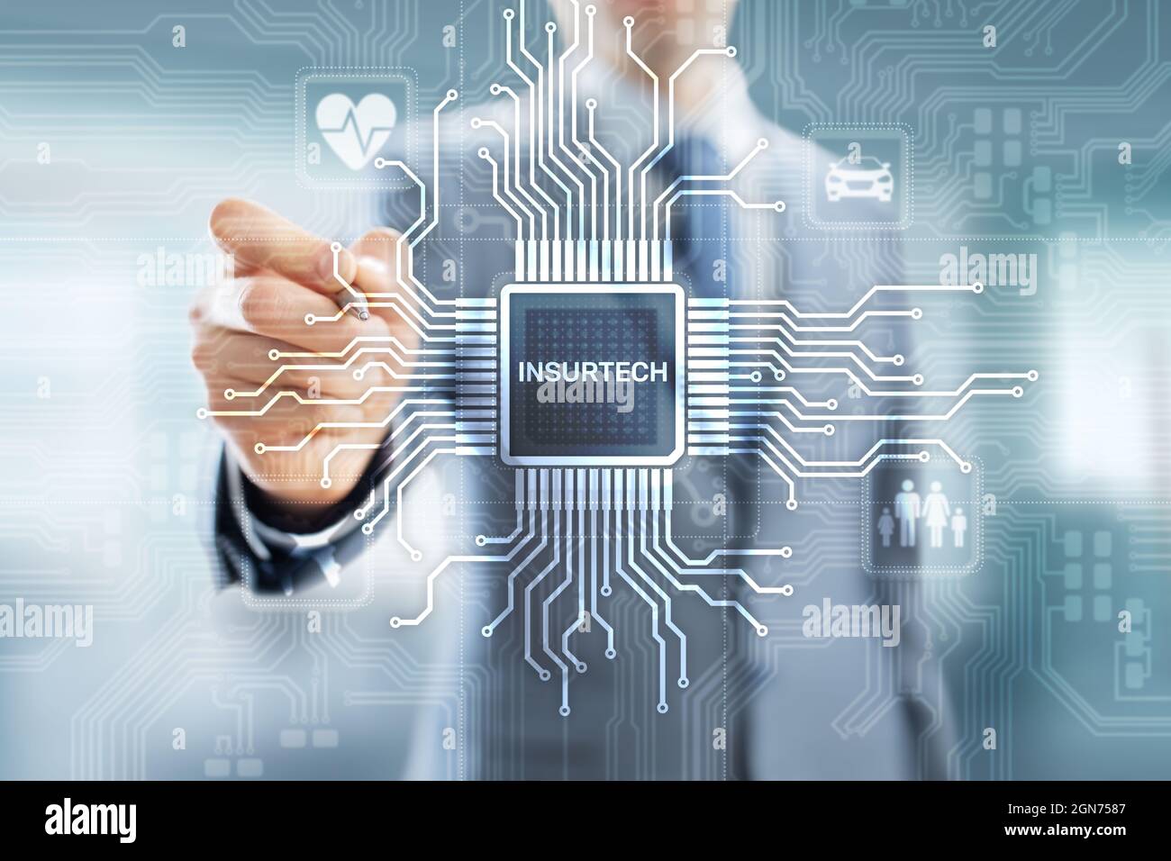 Insurtech button on virtual screen. Insurance technology internet ...