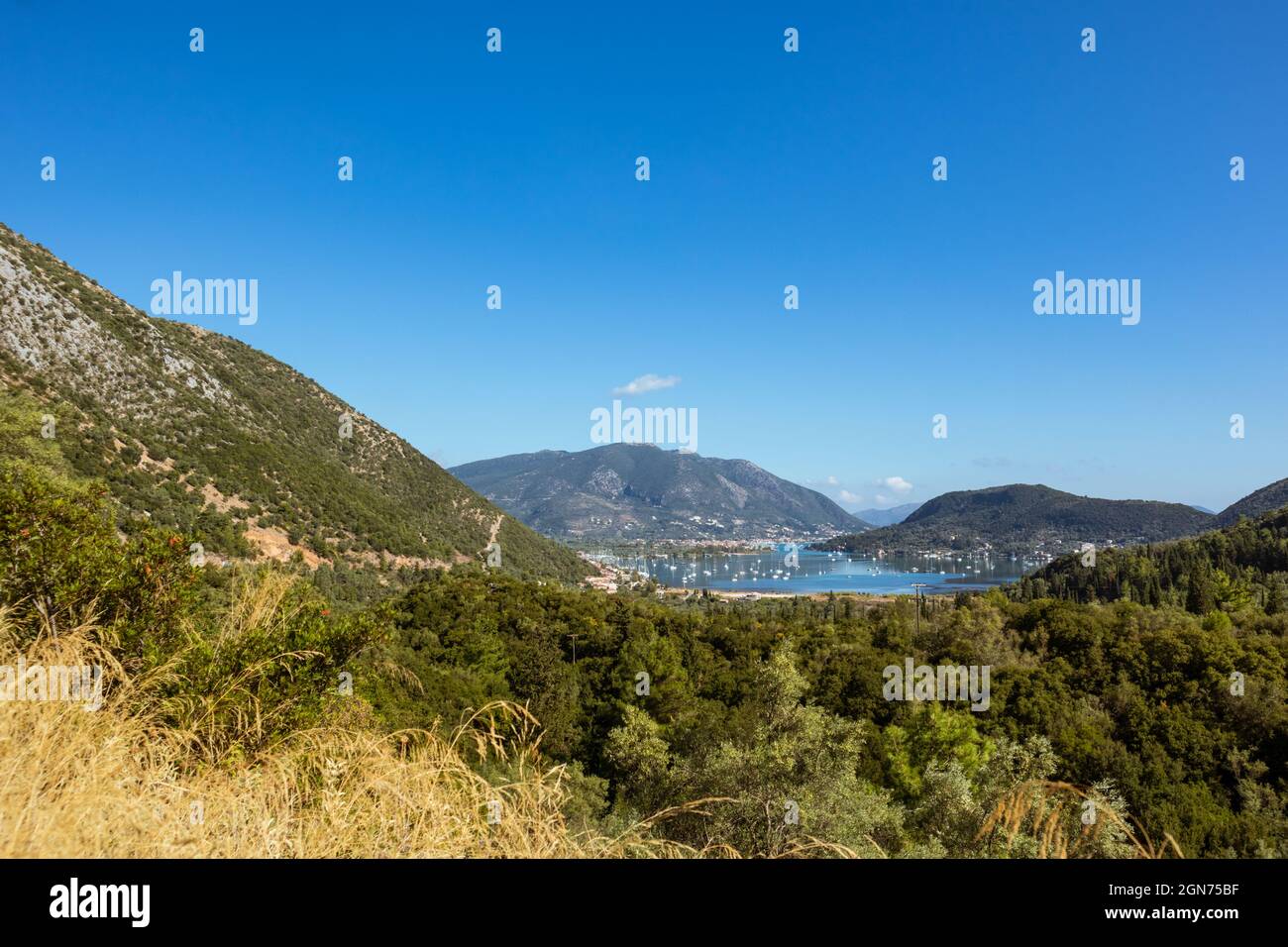 Distant Vlicho bay view from hills of Lefkada island Katochori village ...