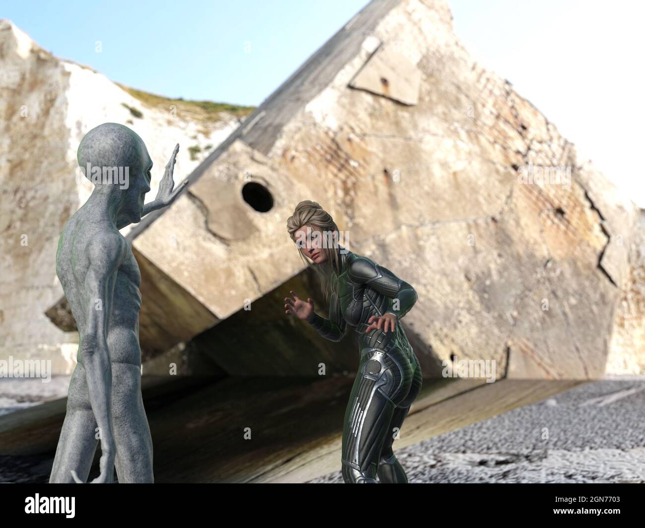 3d illustration of a woman defending herself from a grey alien with its ...