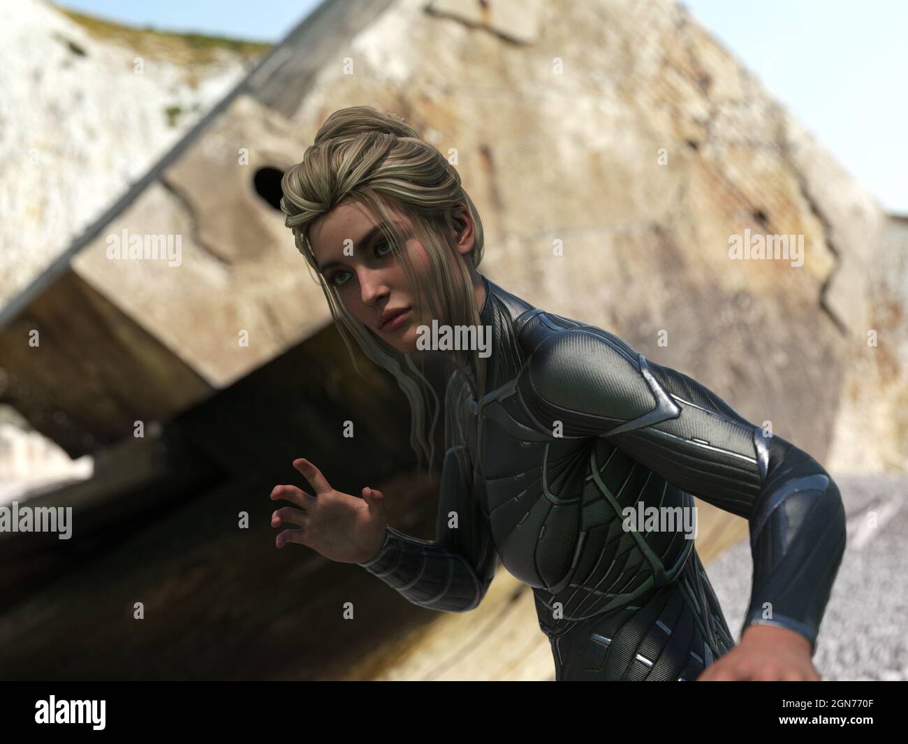 3d illustration of a beautiful woman looking up in a defensive pose ...