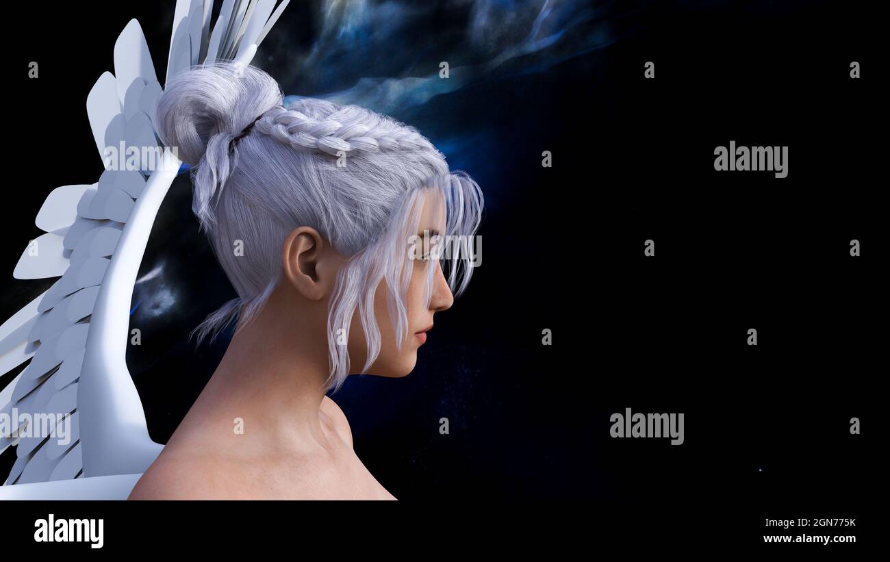 3d illustration profile of a being in space with a nebula and stars in ...