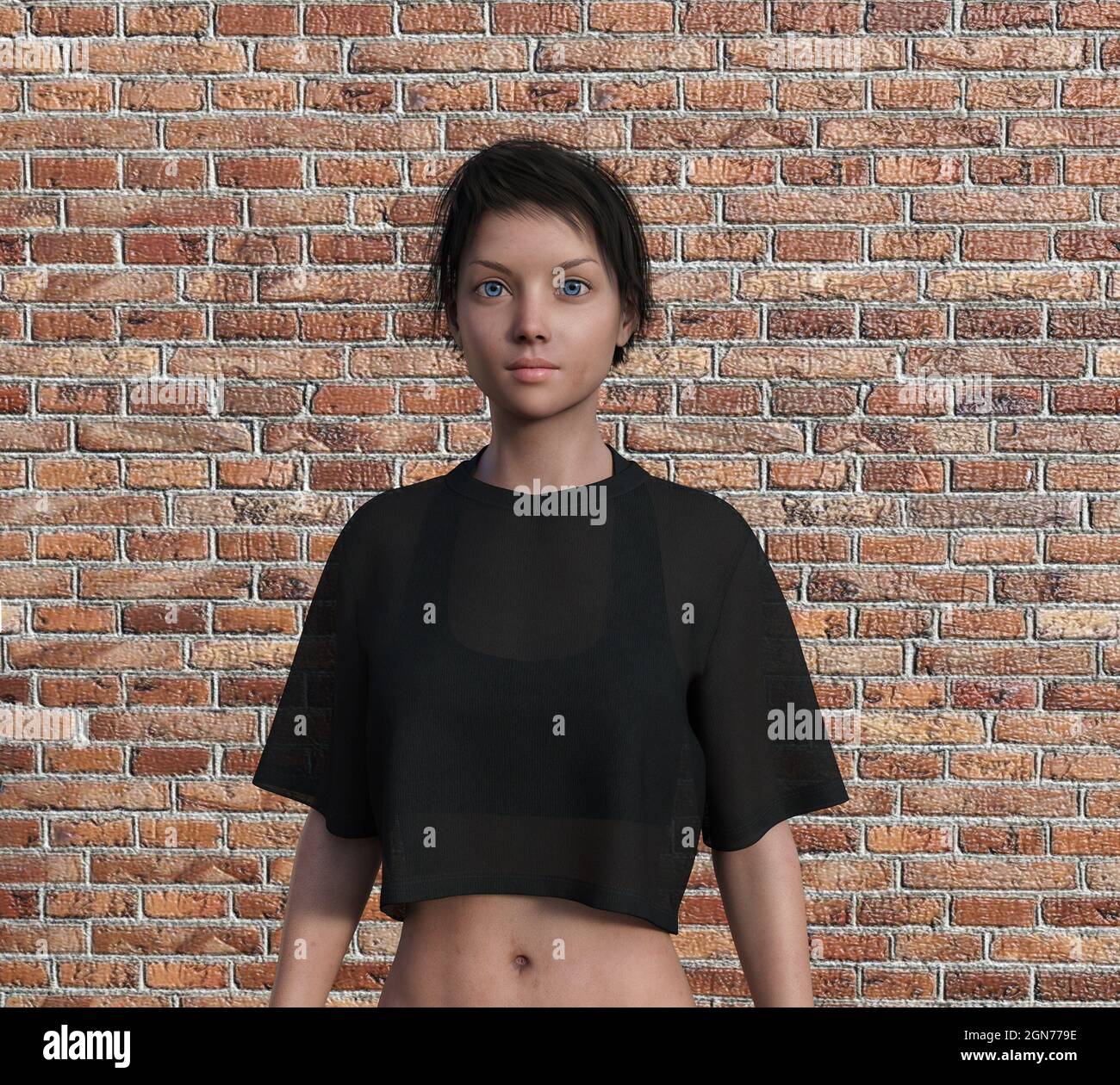 3d illustration of a young woman with bright blue eyes and short dark ...