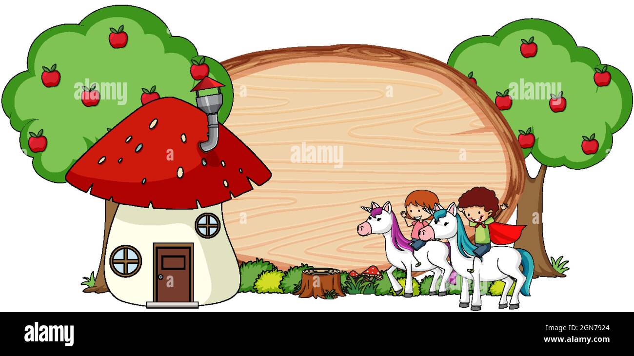 Blank wooden banner with fairy tale cartoon character and elements ...