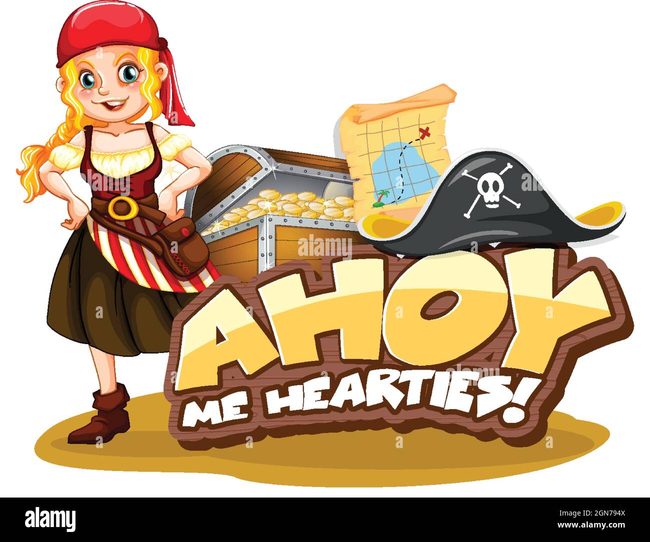 Pirate slang concept with Ahoy Me Hearties font and a pirate girl ...
