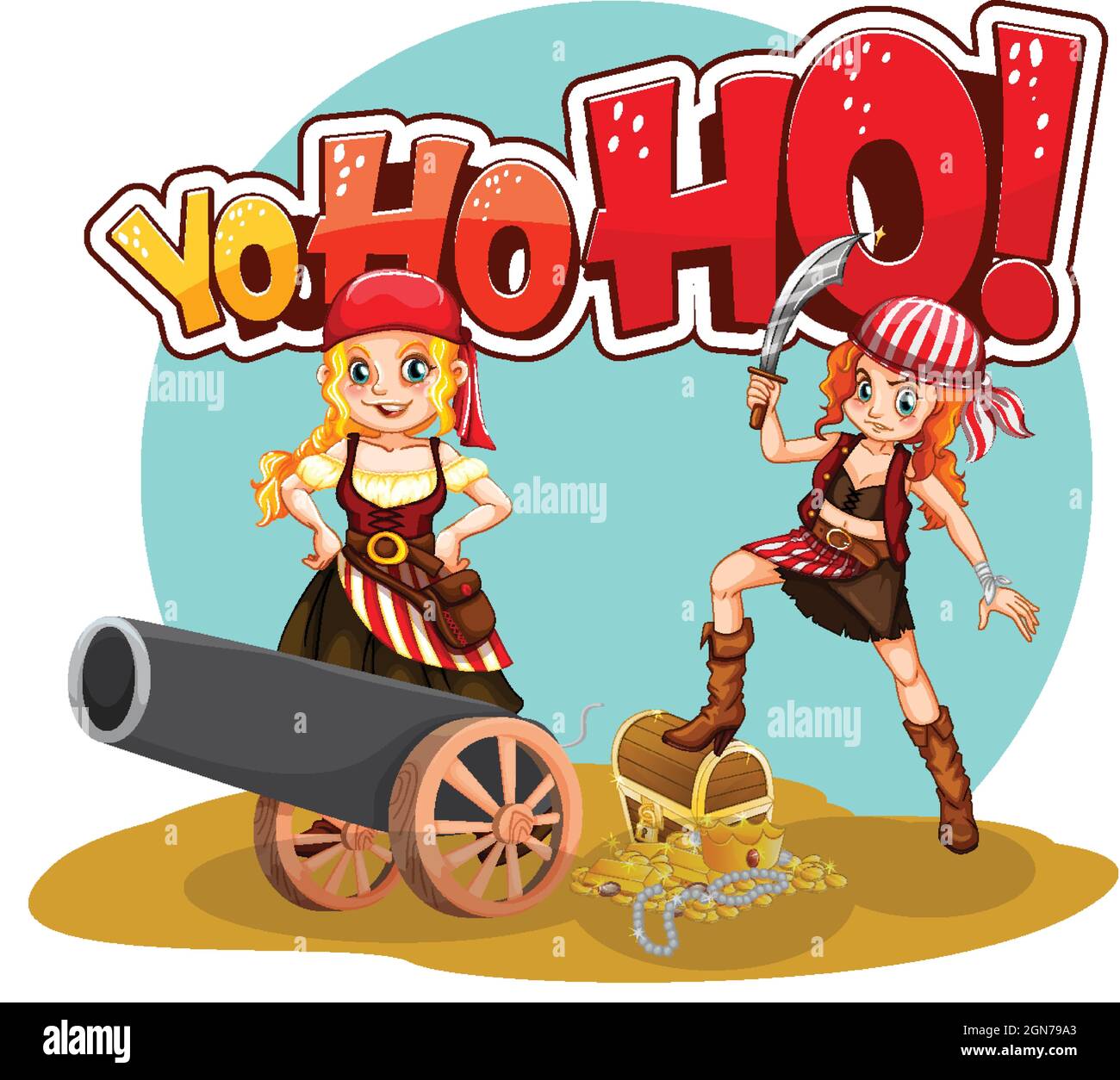 Pirate girls cartoon character with Yo-ho-ho speech illustration Stock ...