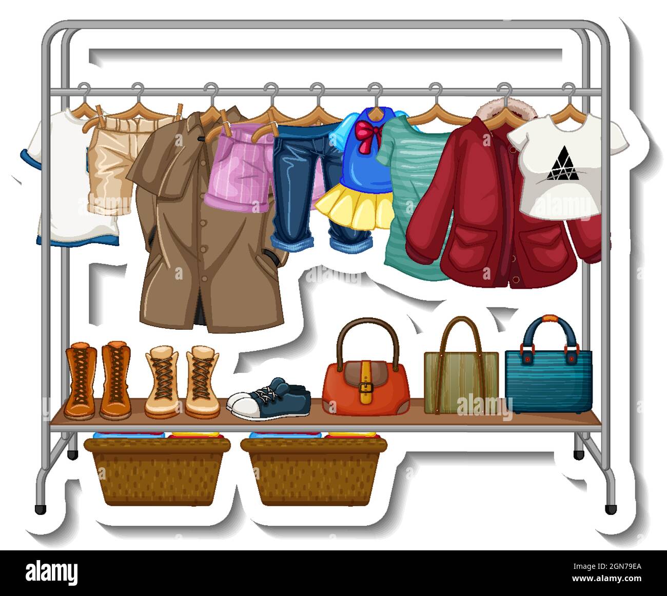 A sticker template of Clothes racks with many clothes on hangers on ...