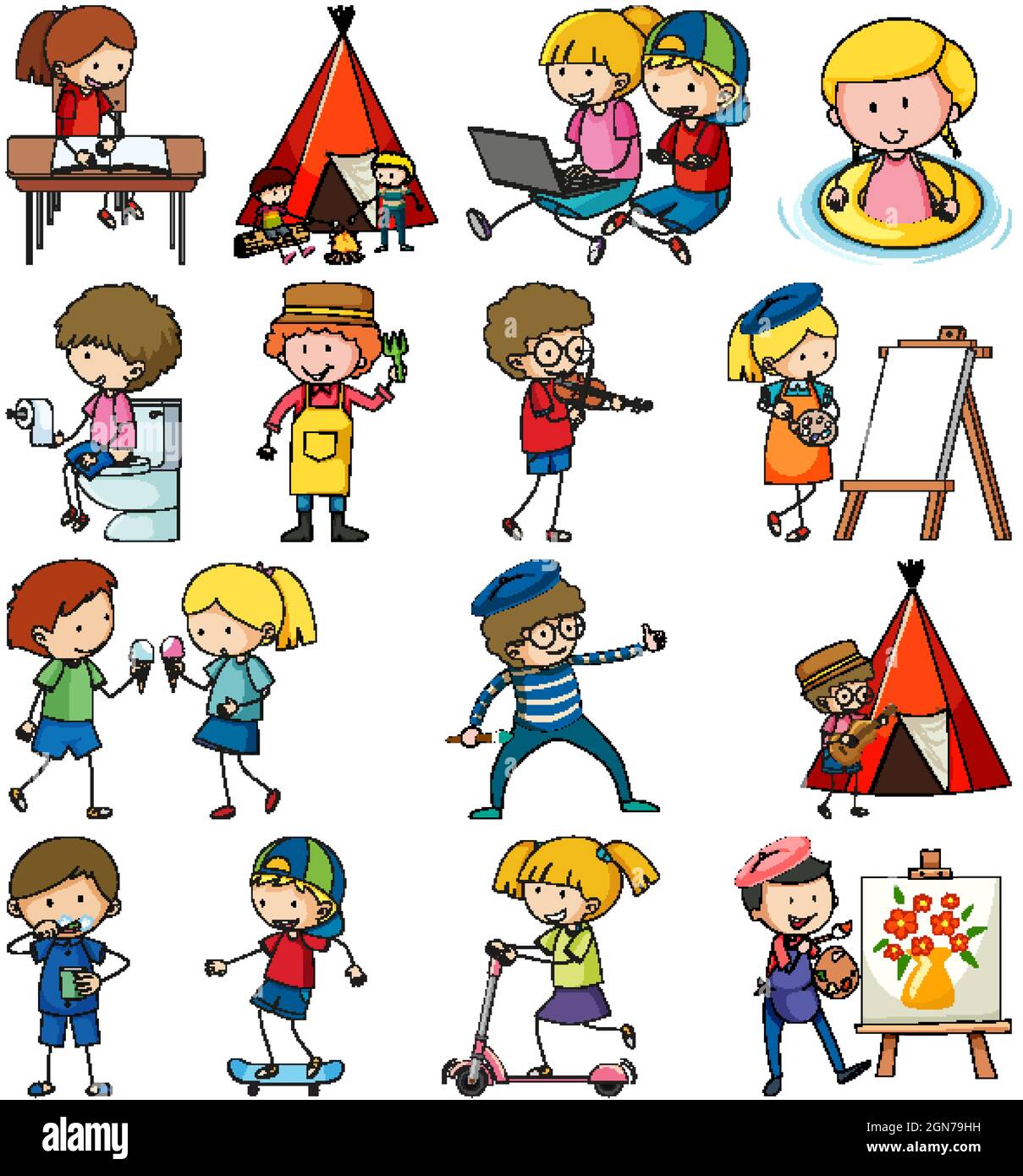Set of different doodle kids cartoon character illustration Stock ...