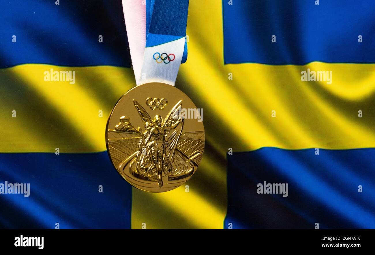 April 22, 2021 Beijing, China. Olympic gold medal against the ...