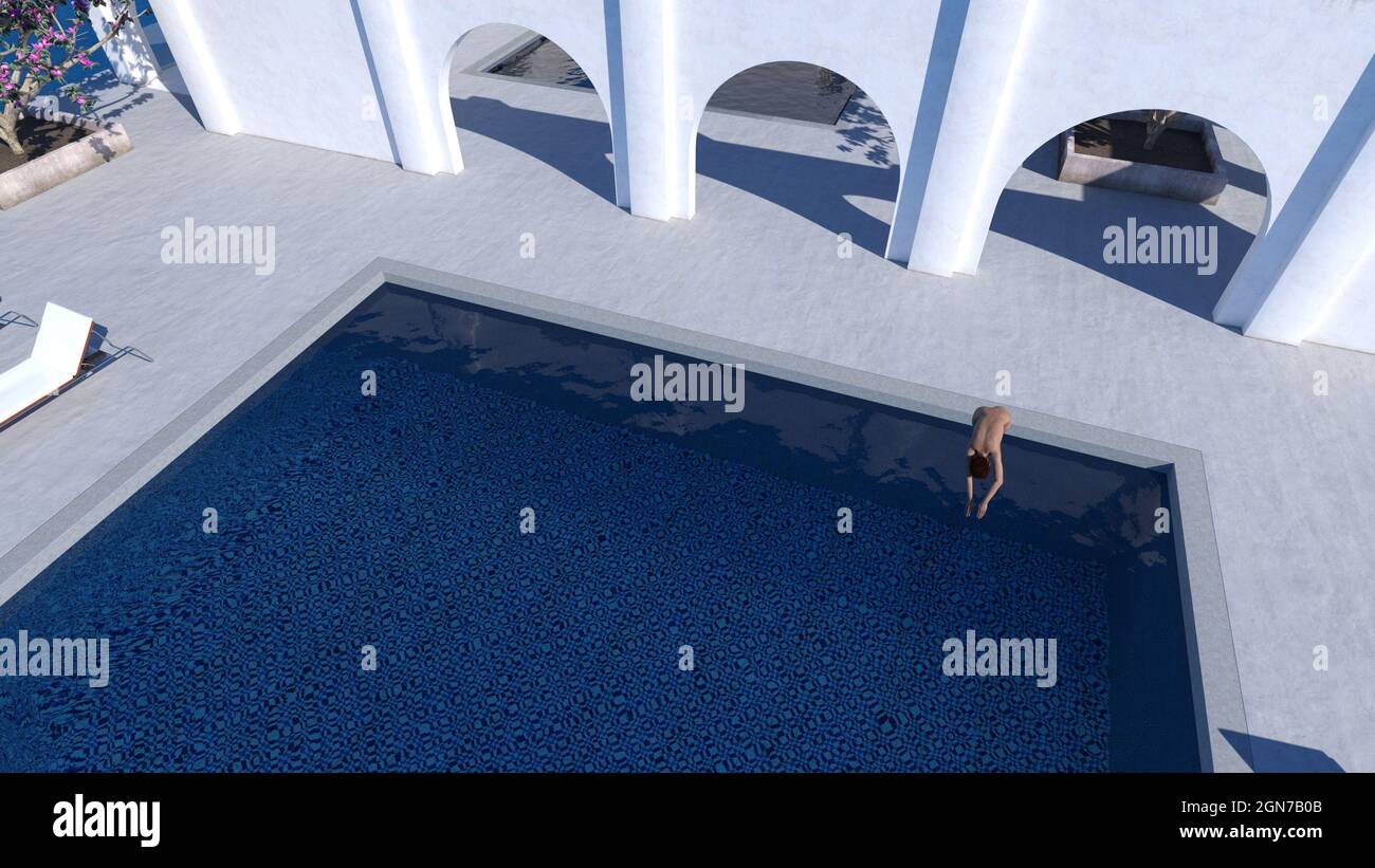 Overhead view 3d illustration of a naked woman diving into a pool ...