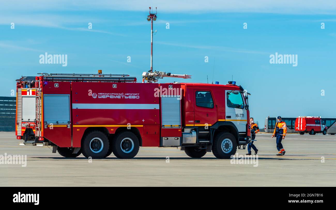 May 11, 2021 Moscow, Russia. A fire truck on the airfield of the ...