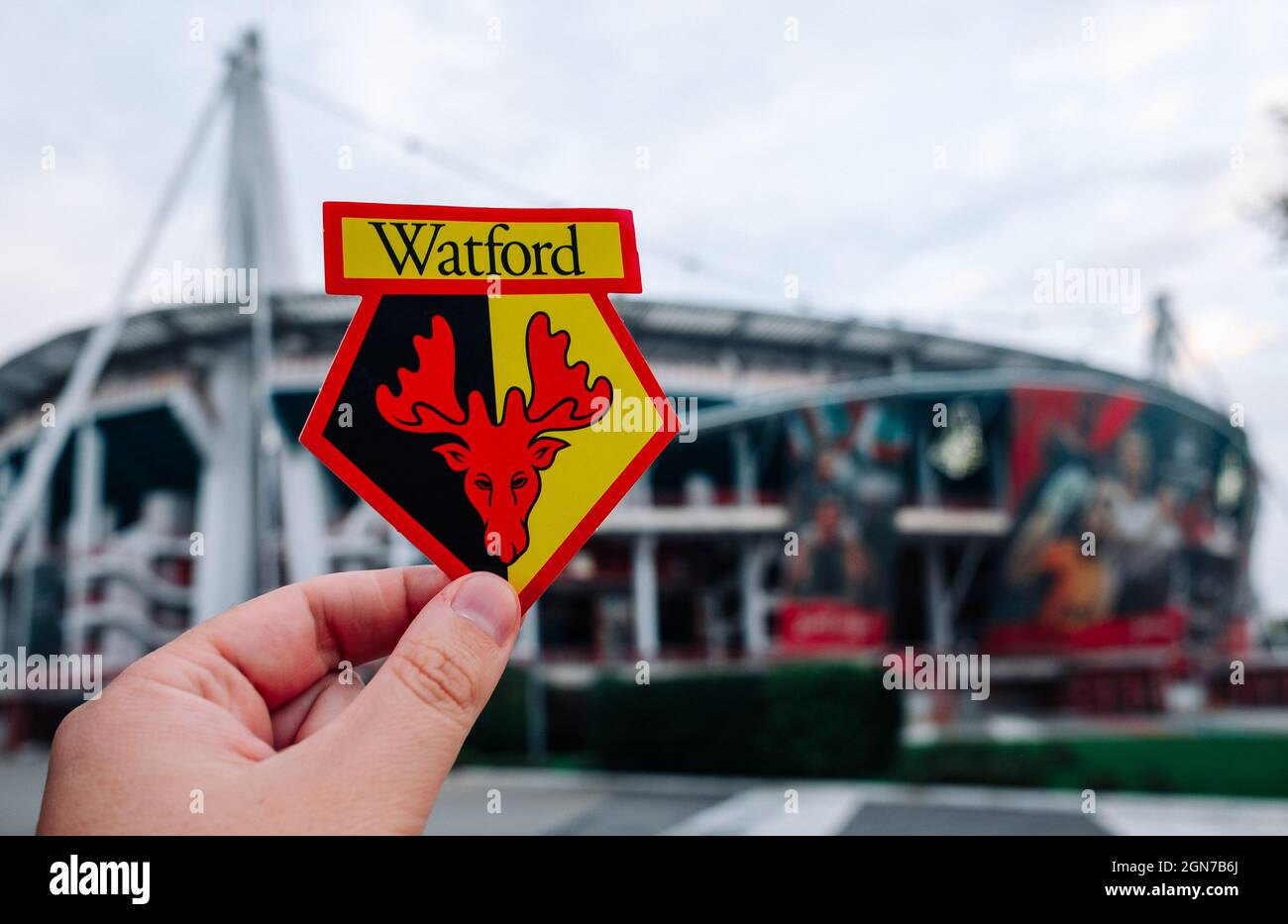 August 30, 2021, Watford, UK. Watford F.C. Football Club emblem against ...