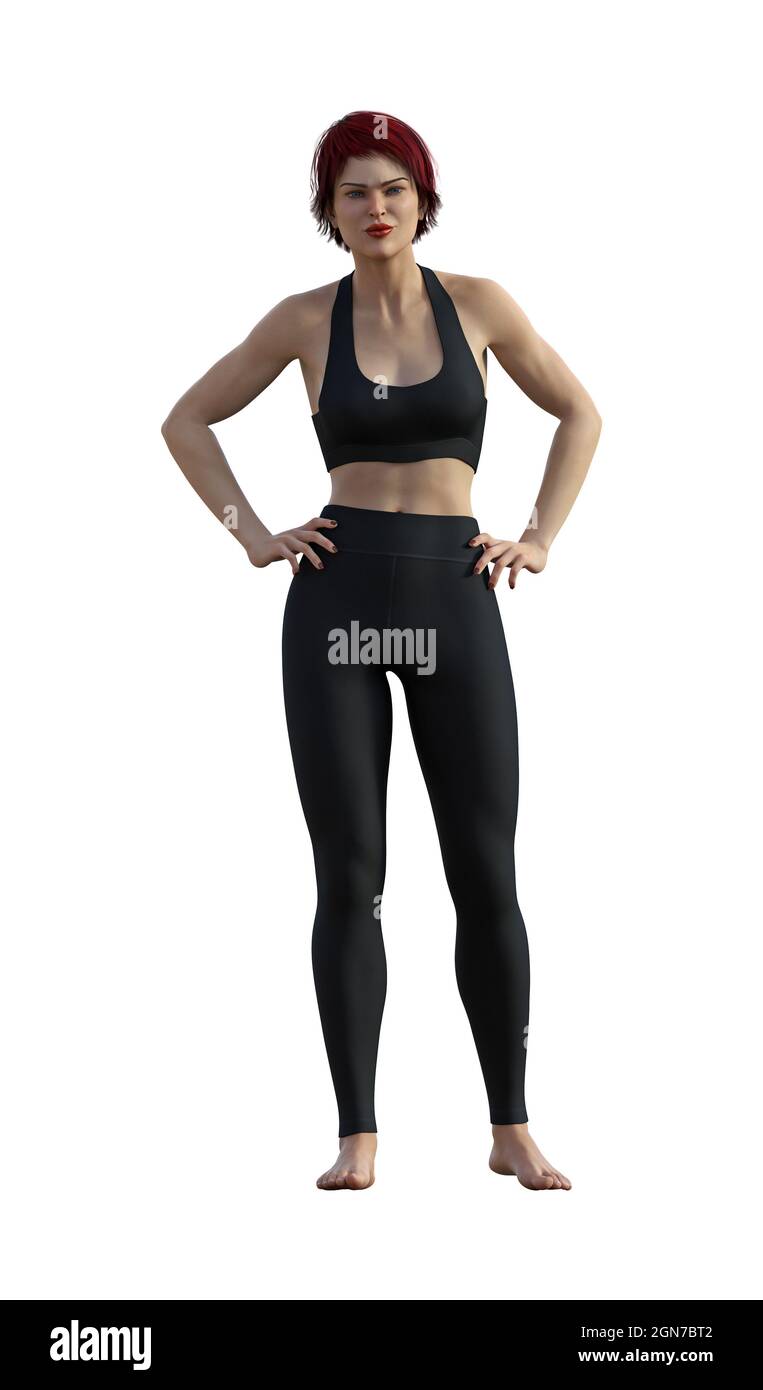 3d illustration of an angry woman with hands on hips wearing leggings ...