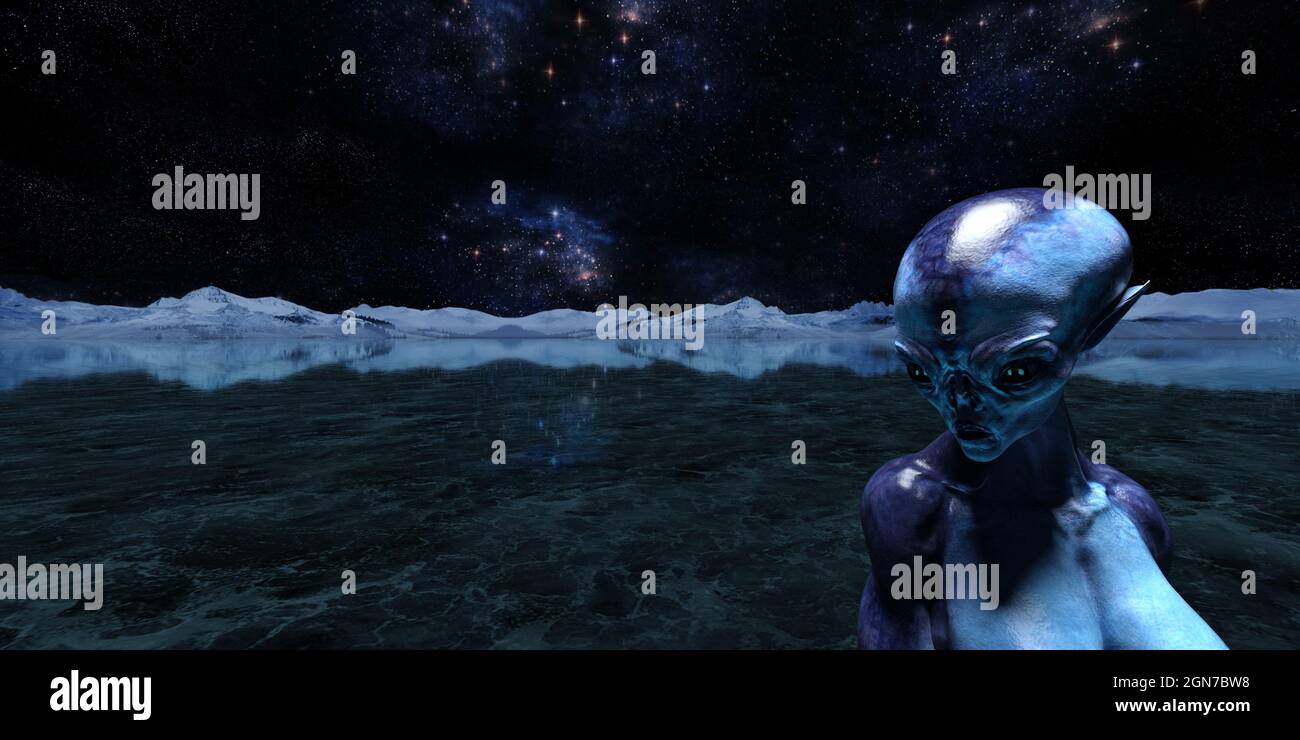 3d illustration of an extraterrestrial on an icy alien world with the ...