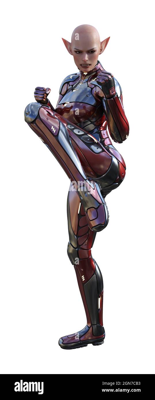 3d illustration of a futuristic bald female elf soldier in full body ...