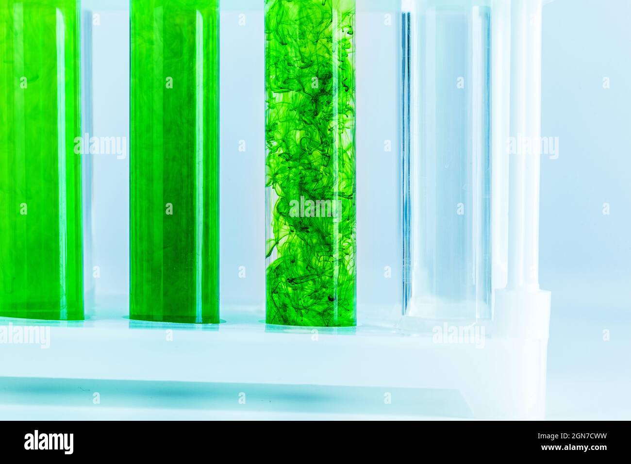 Green liquids in test tubes in chemical laboratory close up Stock Photo ...