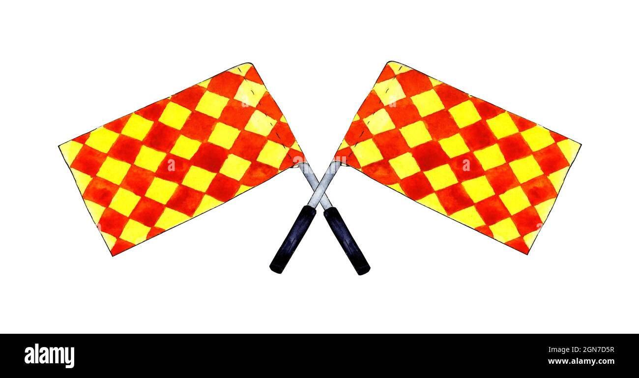 Watercolor illustration of two flag judges. Referee line flag soccer. A ...
