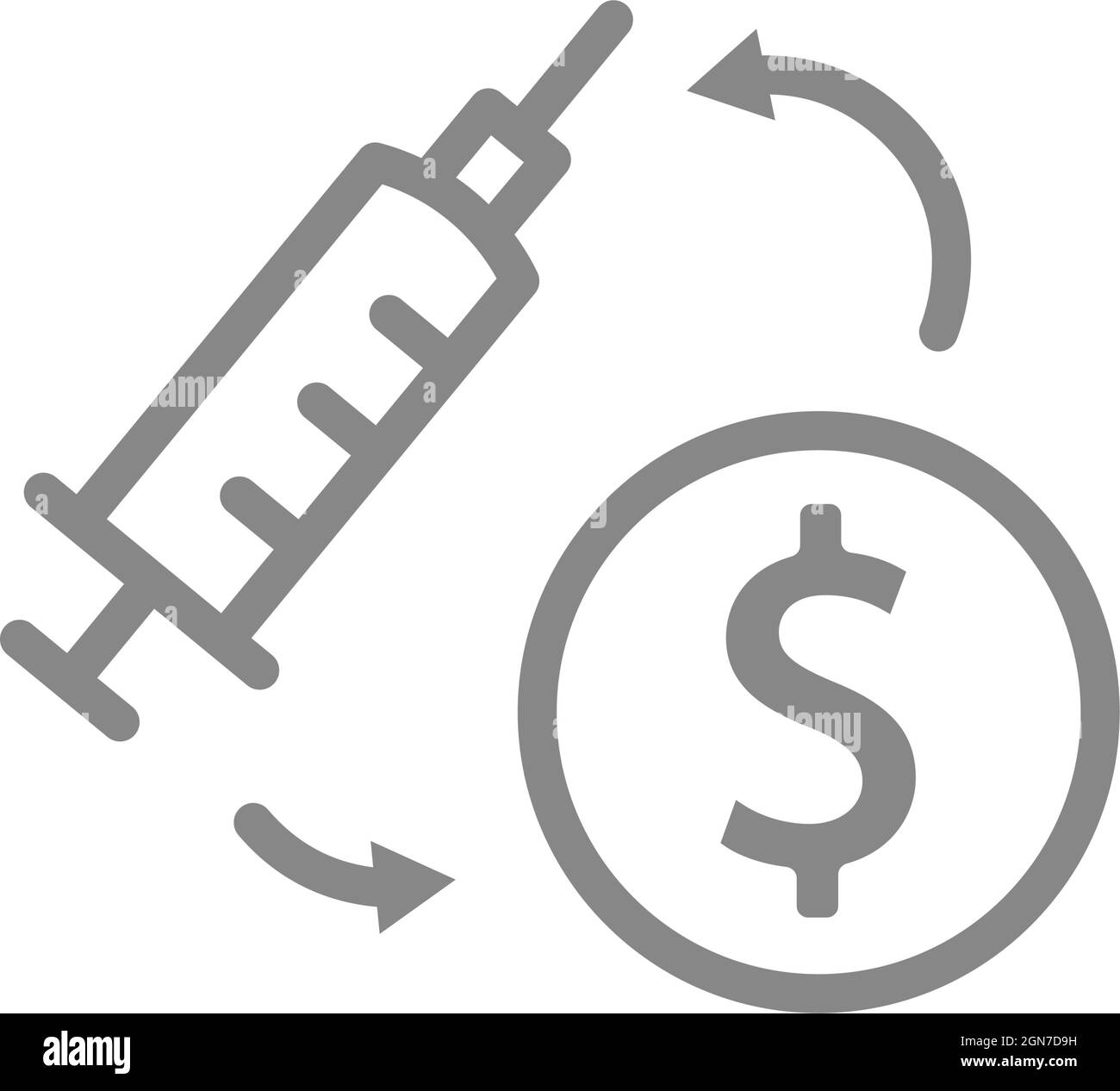 Medical syringe and coin line icon. Vaccination, paid injection ...