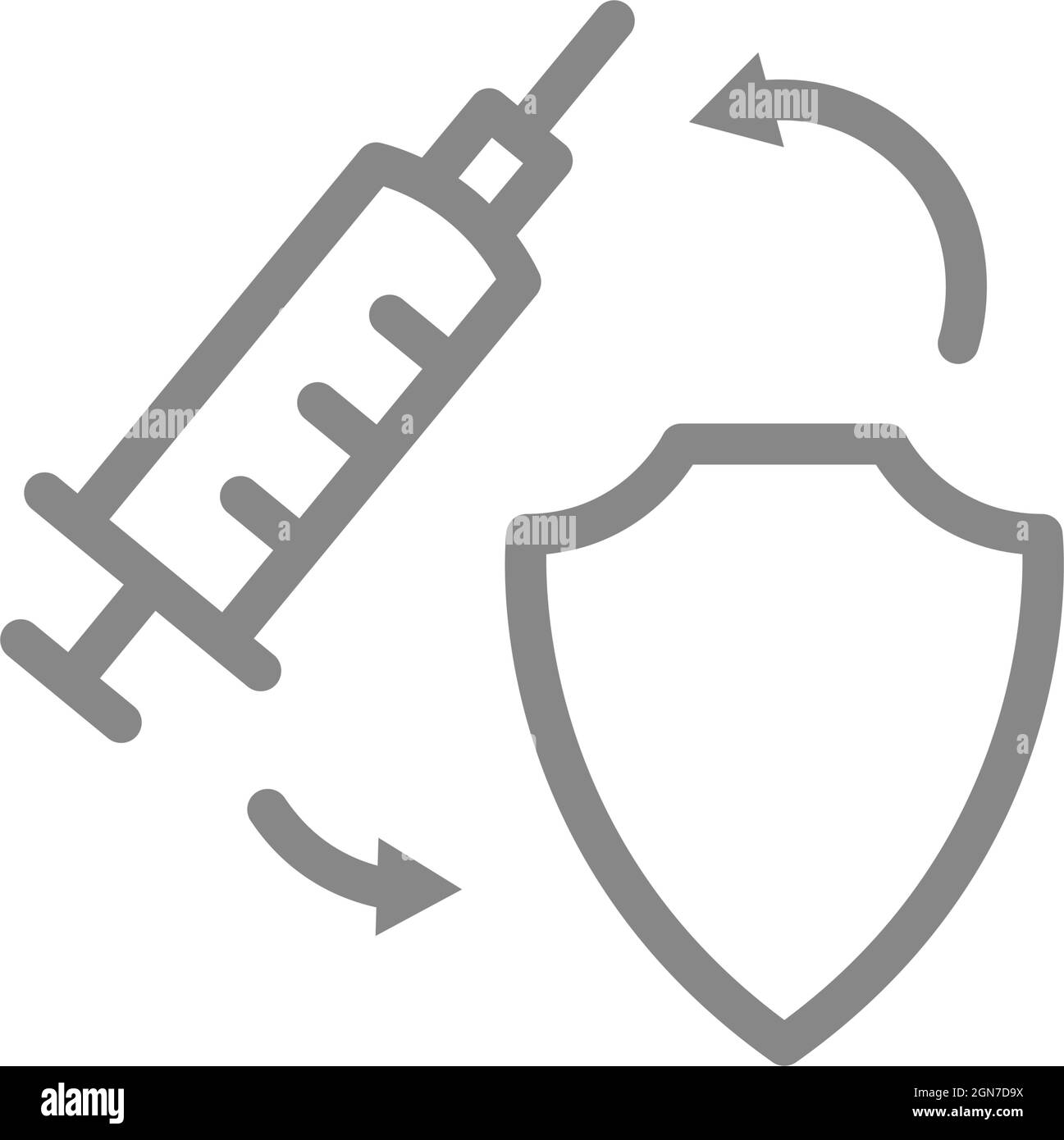 Medical syringe and shield line icon. Vaccination of the population ...