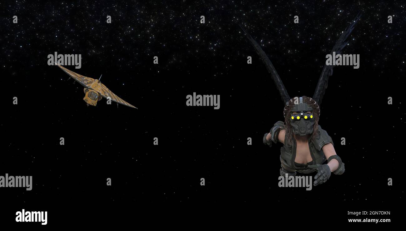 3d illustration of a winged female flying through space wearing a full ...