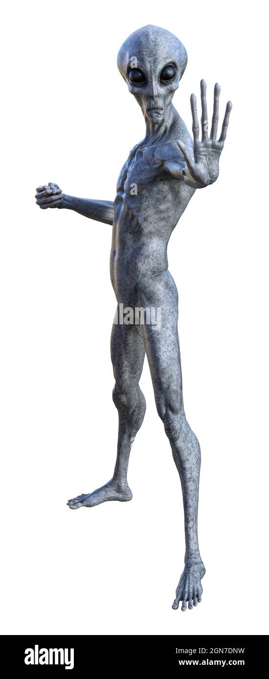 3d illustration of an alien holding up hand in a stop gesture isolated ...