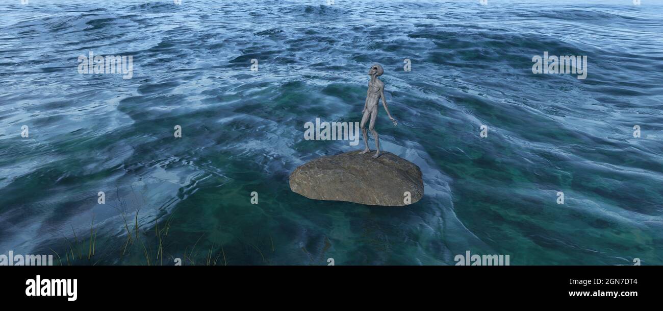 Wide 3d illustration of a grey alien stuck on a rock in the middle of ...