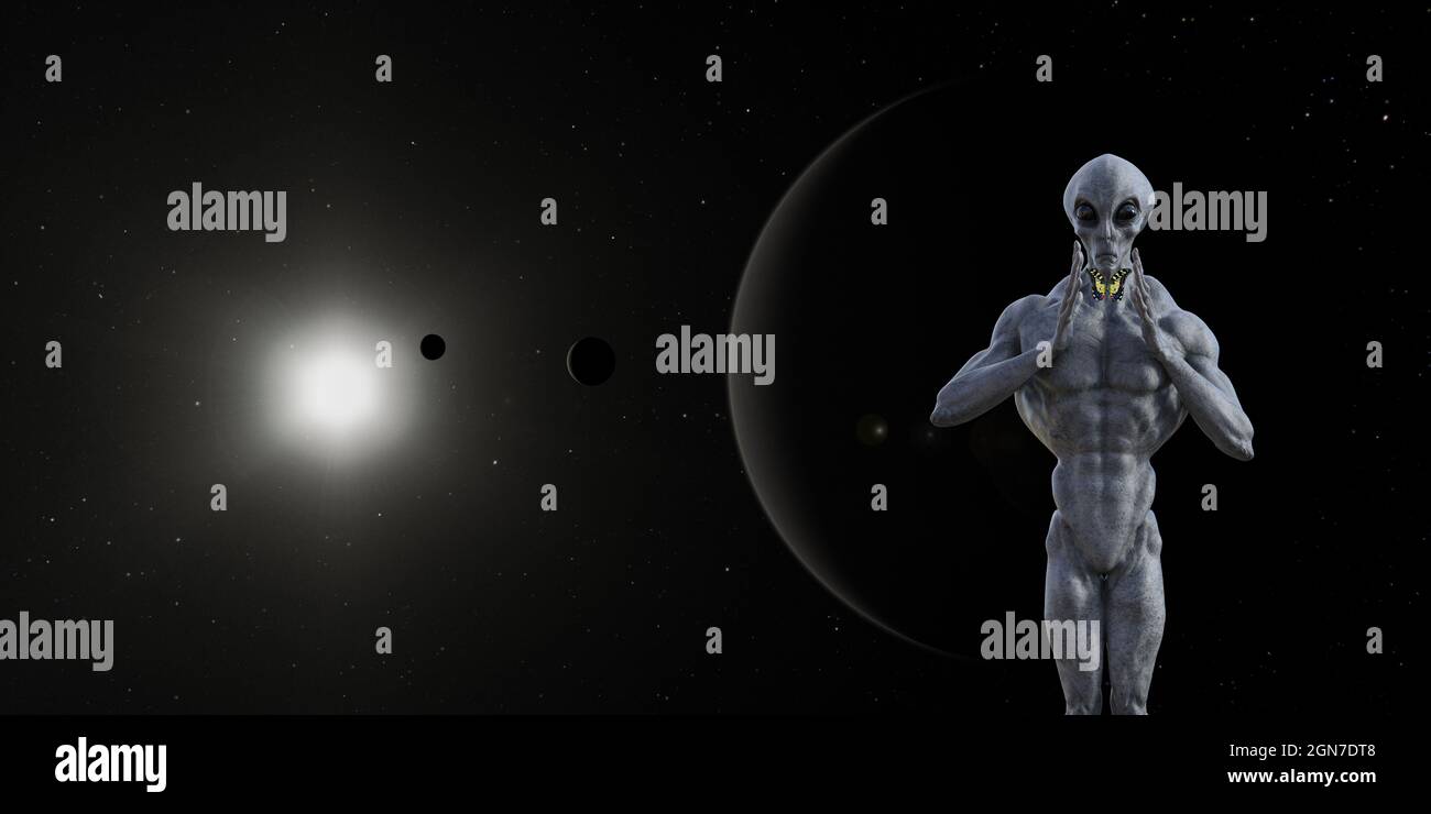 3d illustration of a muscle bound grey alien holding hands apart ...