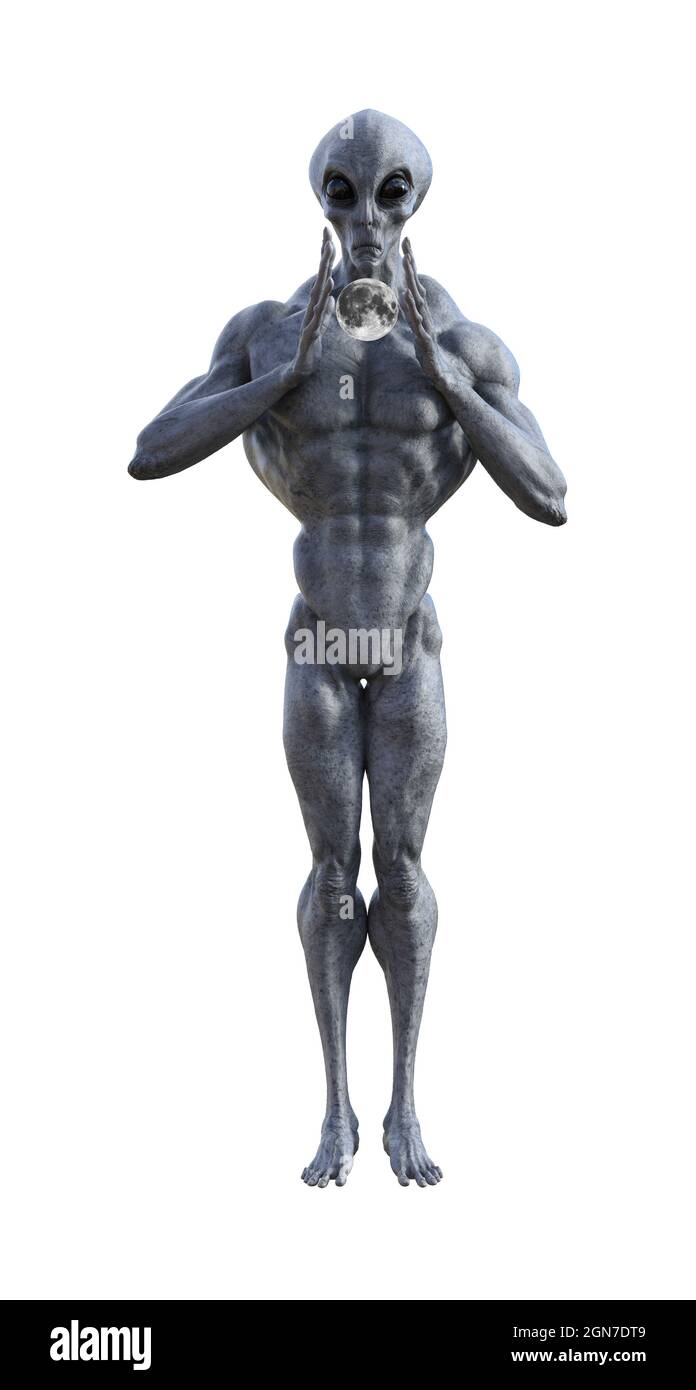 3d illustration of a grey alien with a toned muscular body holding a ...