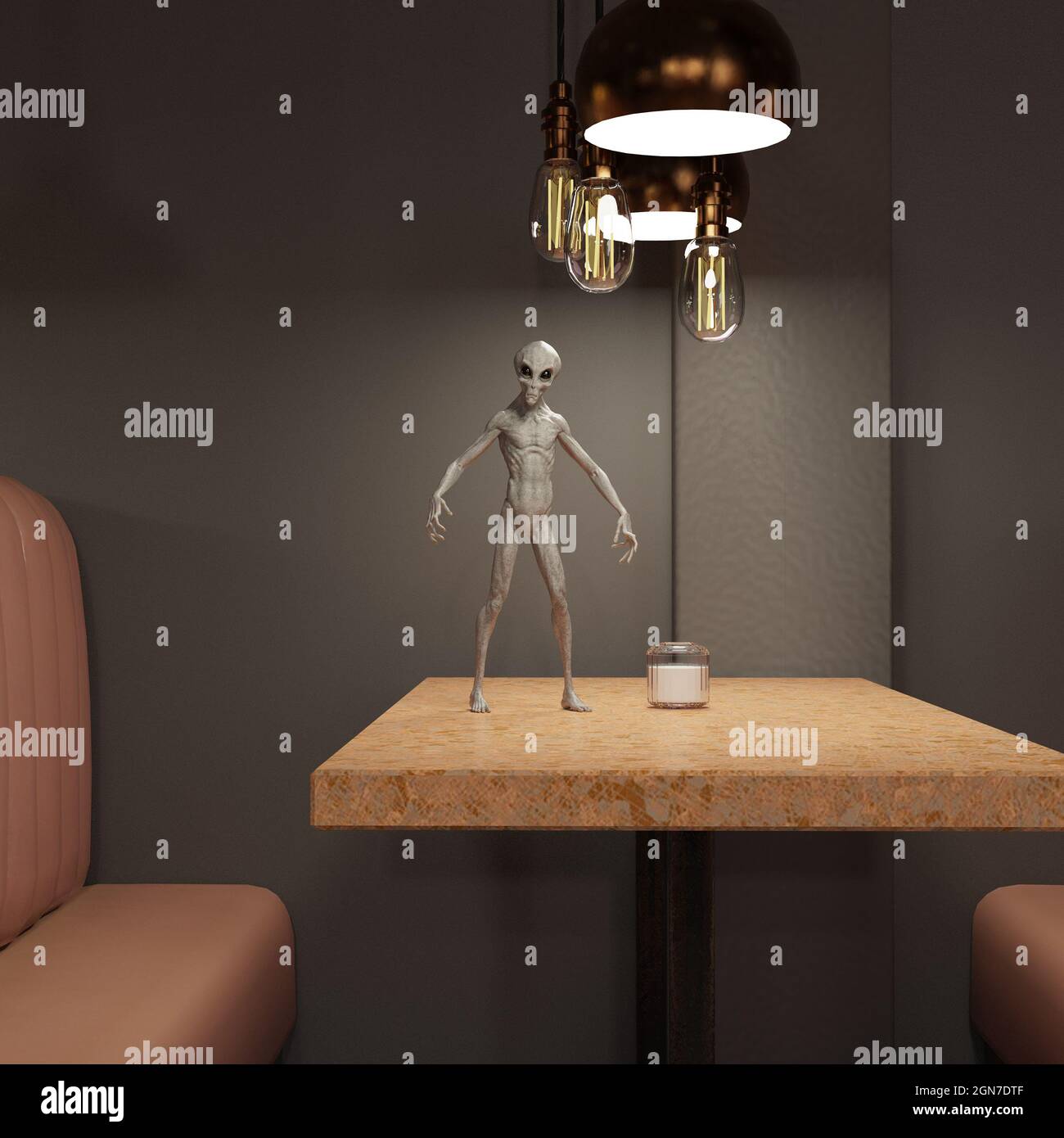 3d illustration of a small grey alien on a table in a restaurant in a ...
