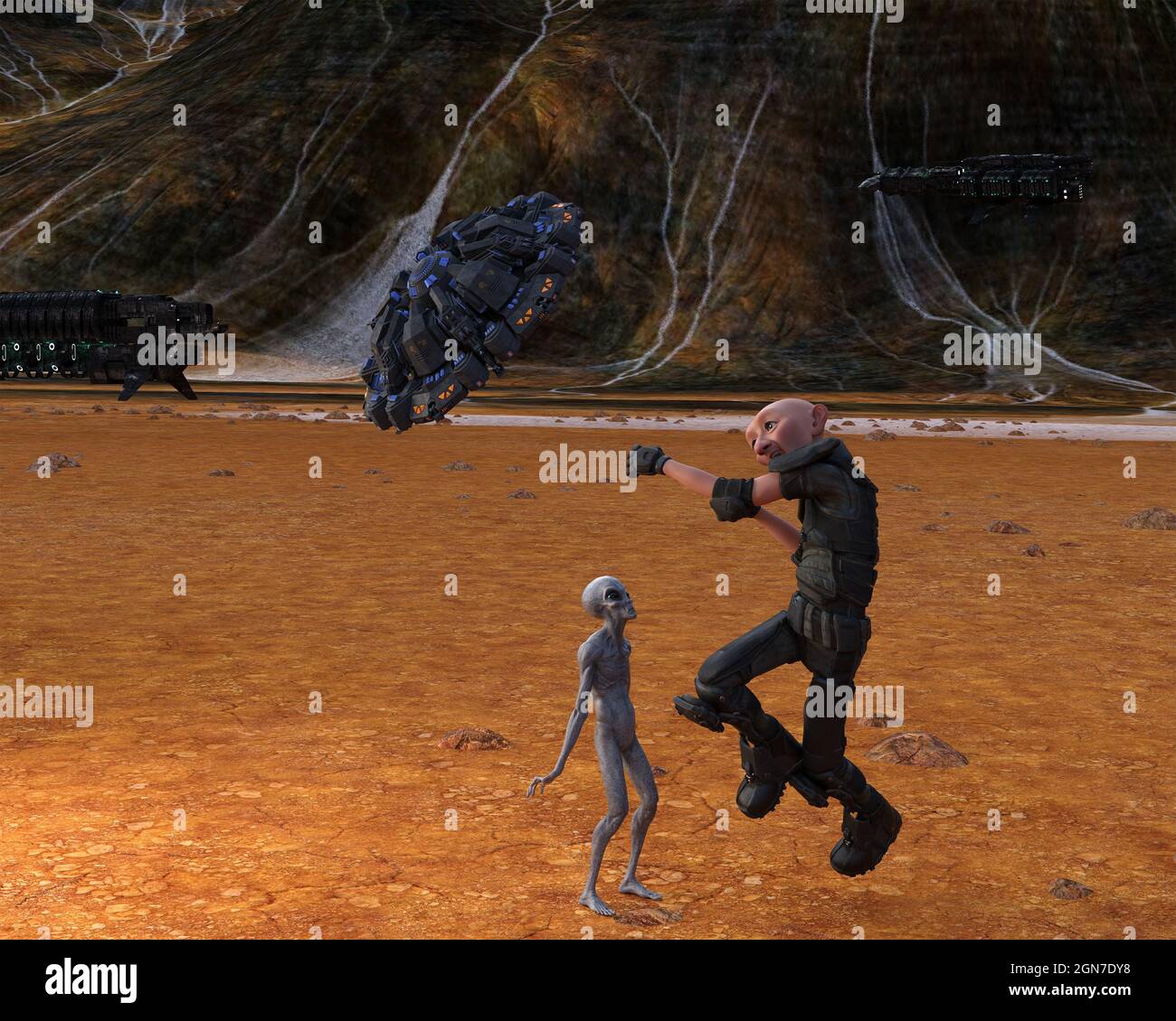 3d illustration of a soldier jumping in surprise at a small ufo while a ...