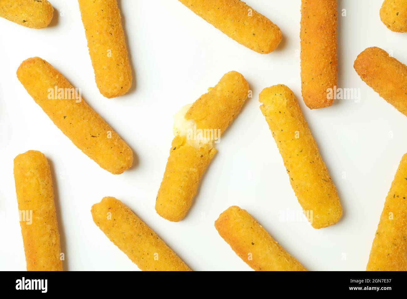 Flat lay with cheese sticks on white background Stock Photo - Alamy