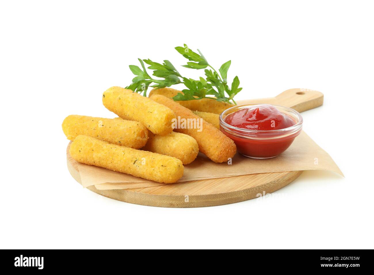 Board with tasty cheese sticks isolated on white background Stock Photo ...