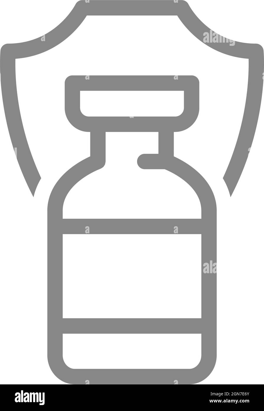 Medical ampoule and shield line icon. Vaccination, serum, certified ...