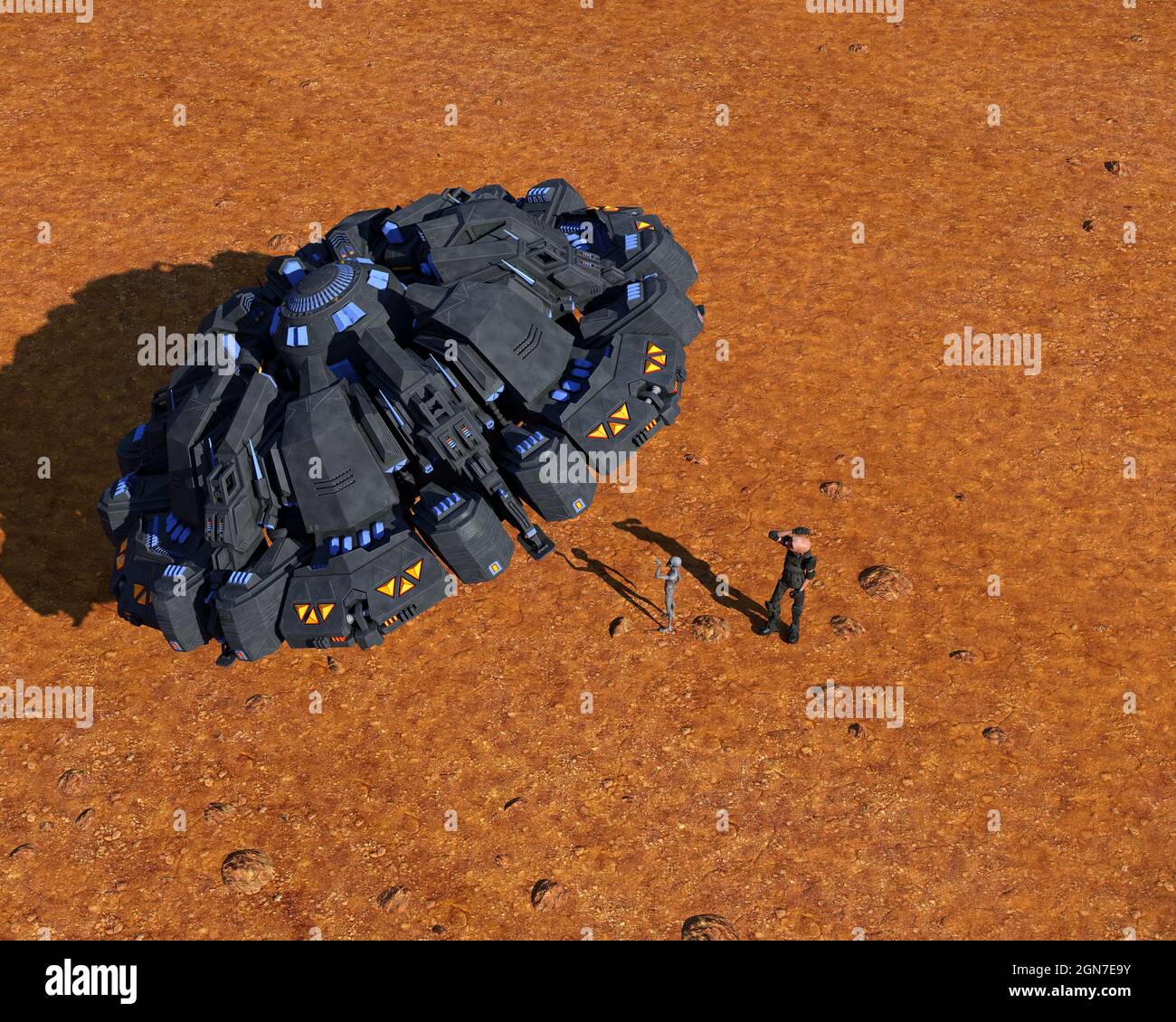 Overhead 3d illustration of a grey alien pointing at a hovering UFO ...