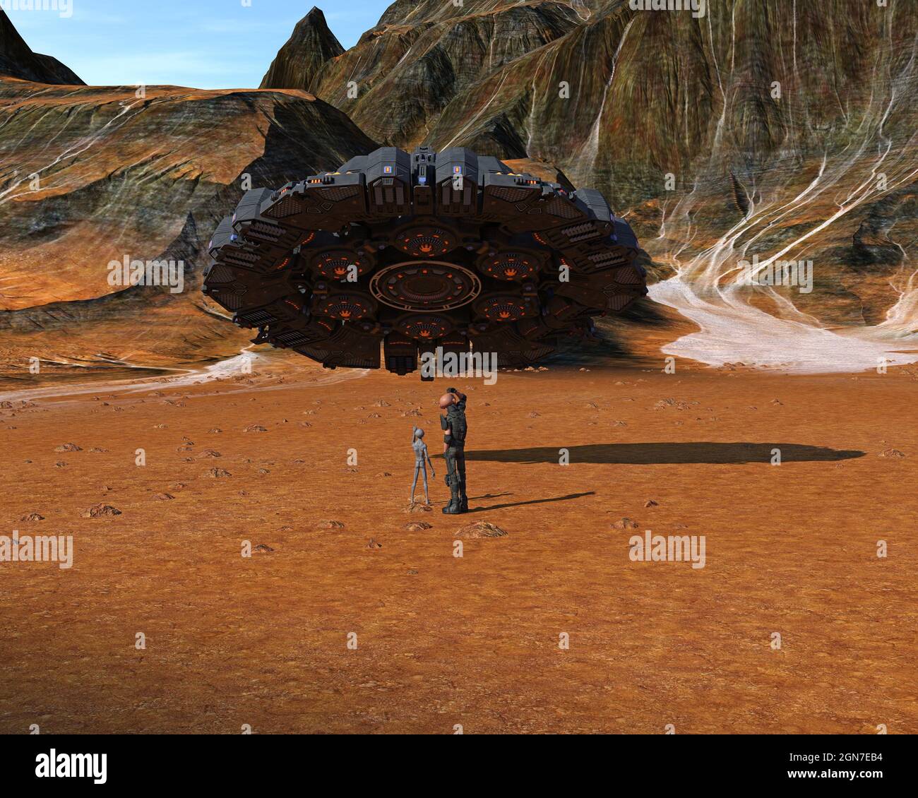 Overhead 3d illustration of a grey alien pointing at a hovering UFO ...