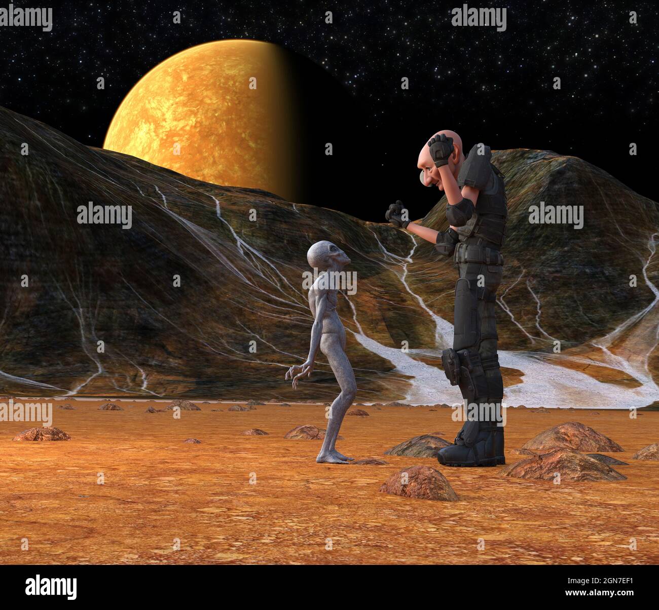3d illustration of a soldier with fists up upon meeting a grey alien on ...